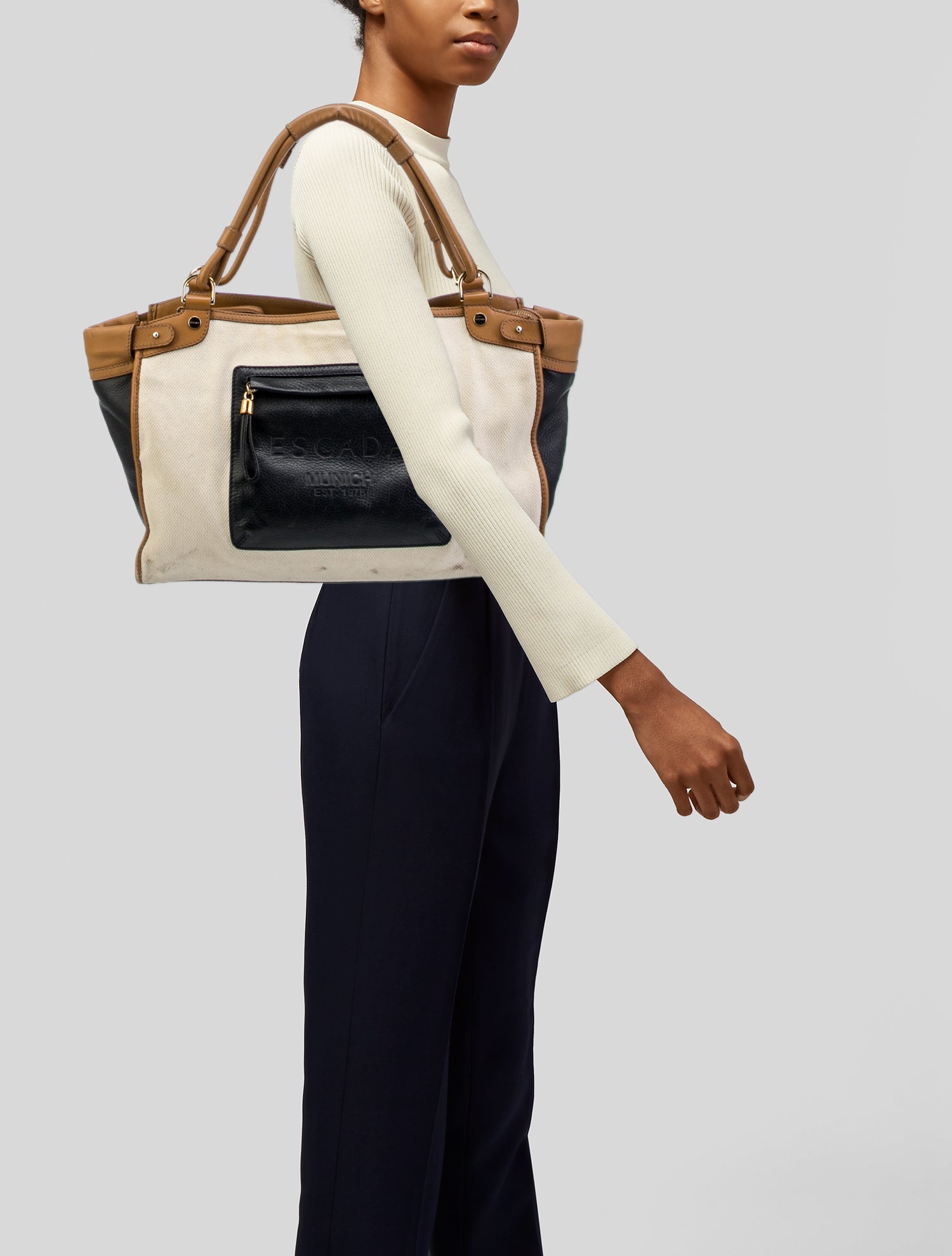 Escada Leather-Trim Canvas Tote - Neutrals Totes, Handbags - ESC121503 ...