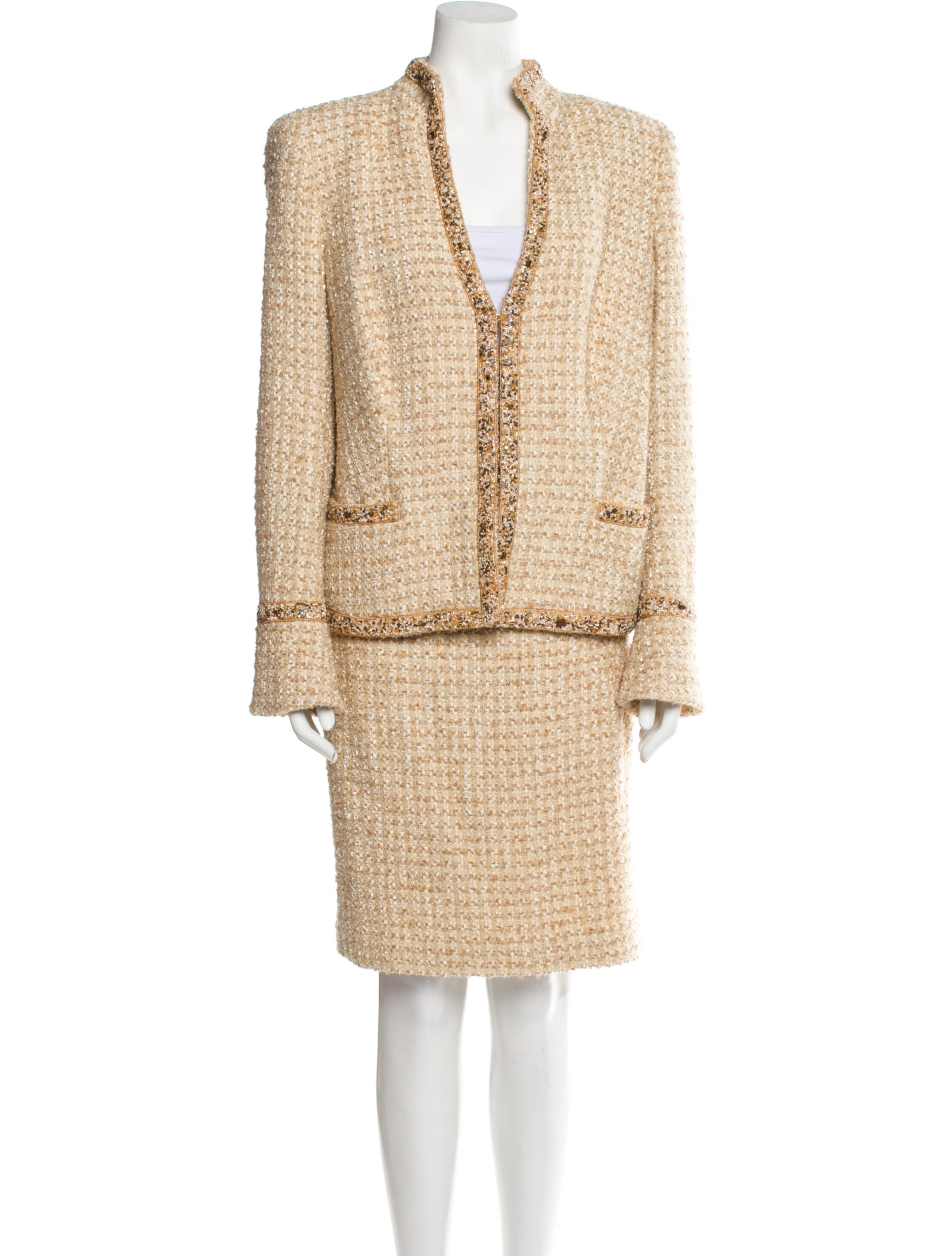 Escada Printed Crystal Embellishments Skirt Suit - Gold Suits and Sets ...