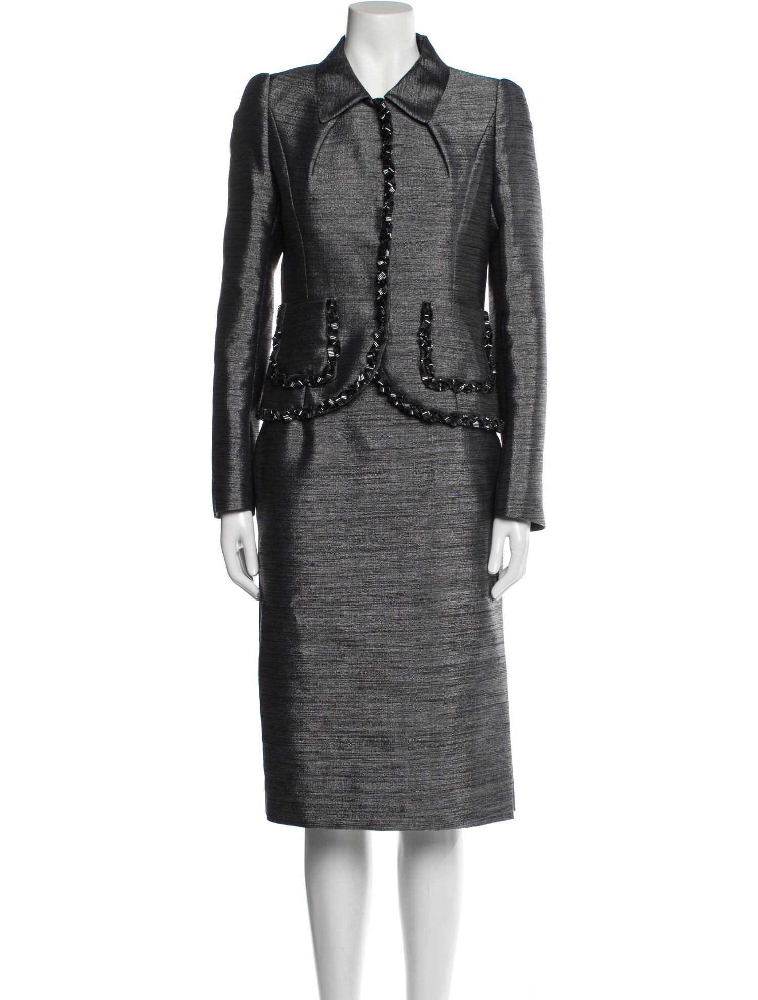 Escada Tweed Pattern Braided Accents Skirt Suit - Grey Suits and Sets ...