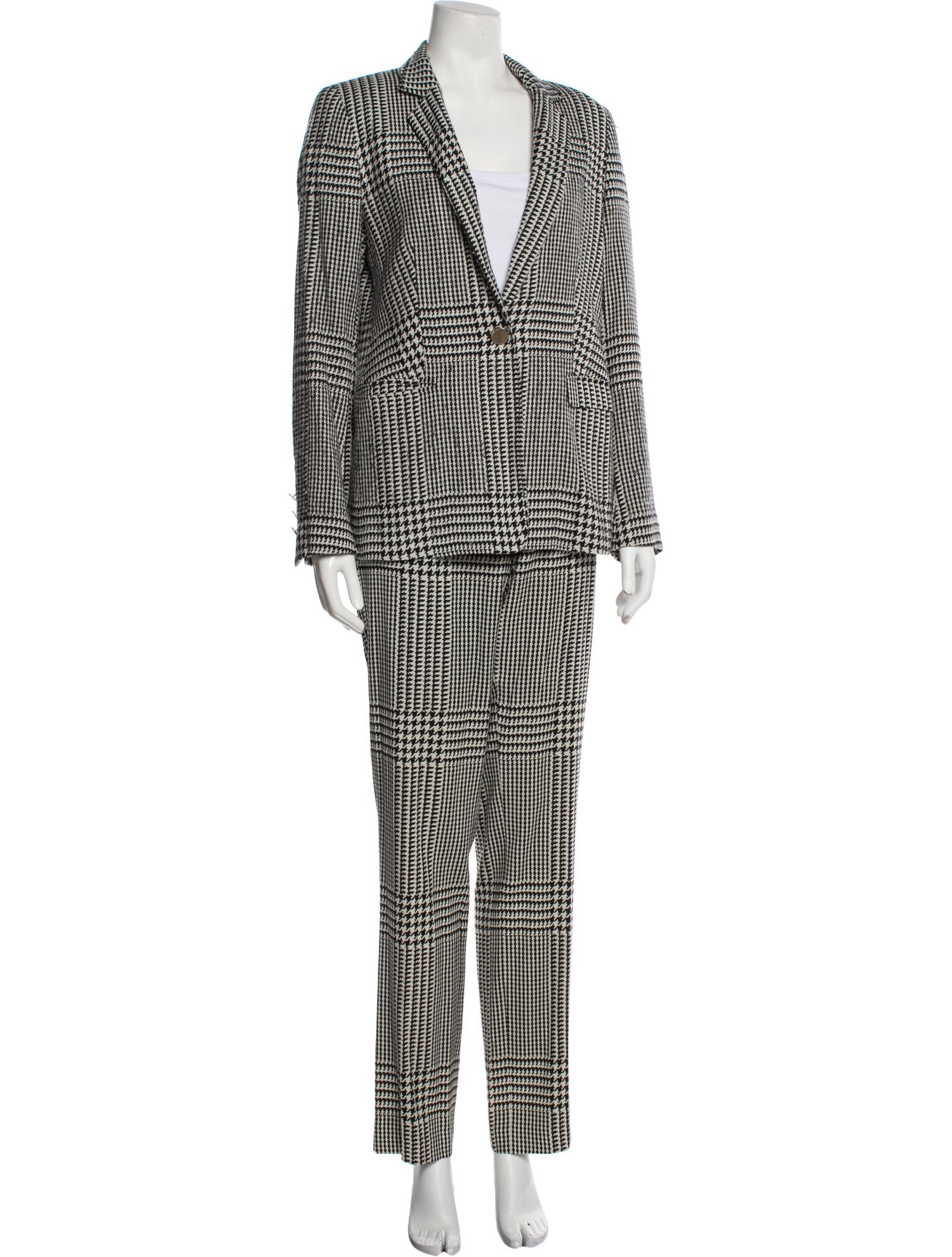 Escada Houndstooth Print Pleated Accents Pantsuit - Grey, 10" Rise ...