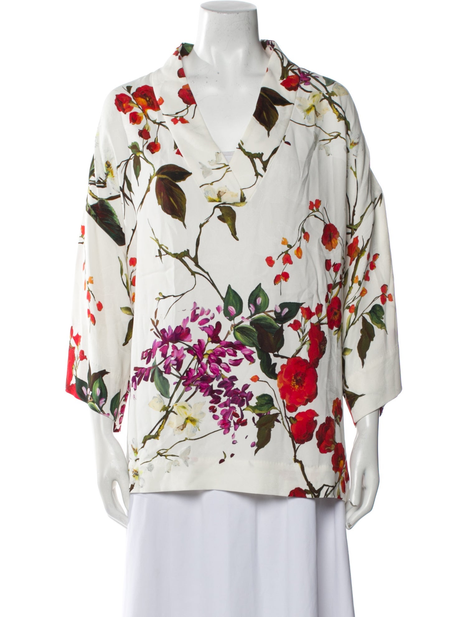 Escada Floral Print V-Neck Blouse - Neutrals Tops, Clothing - ESC159171 ...