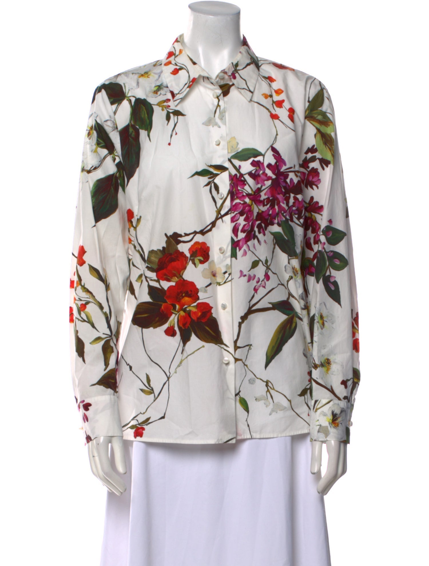 Escada Floral Print Long Sleeve Button-Up Top - White Tops, Clothing ...