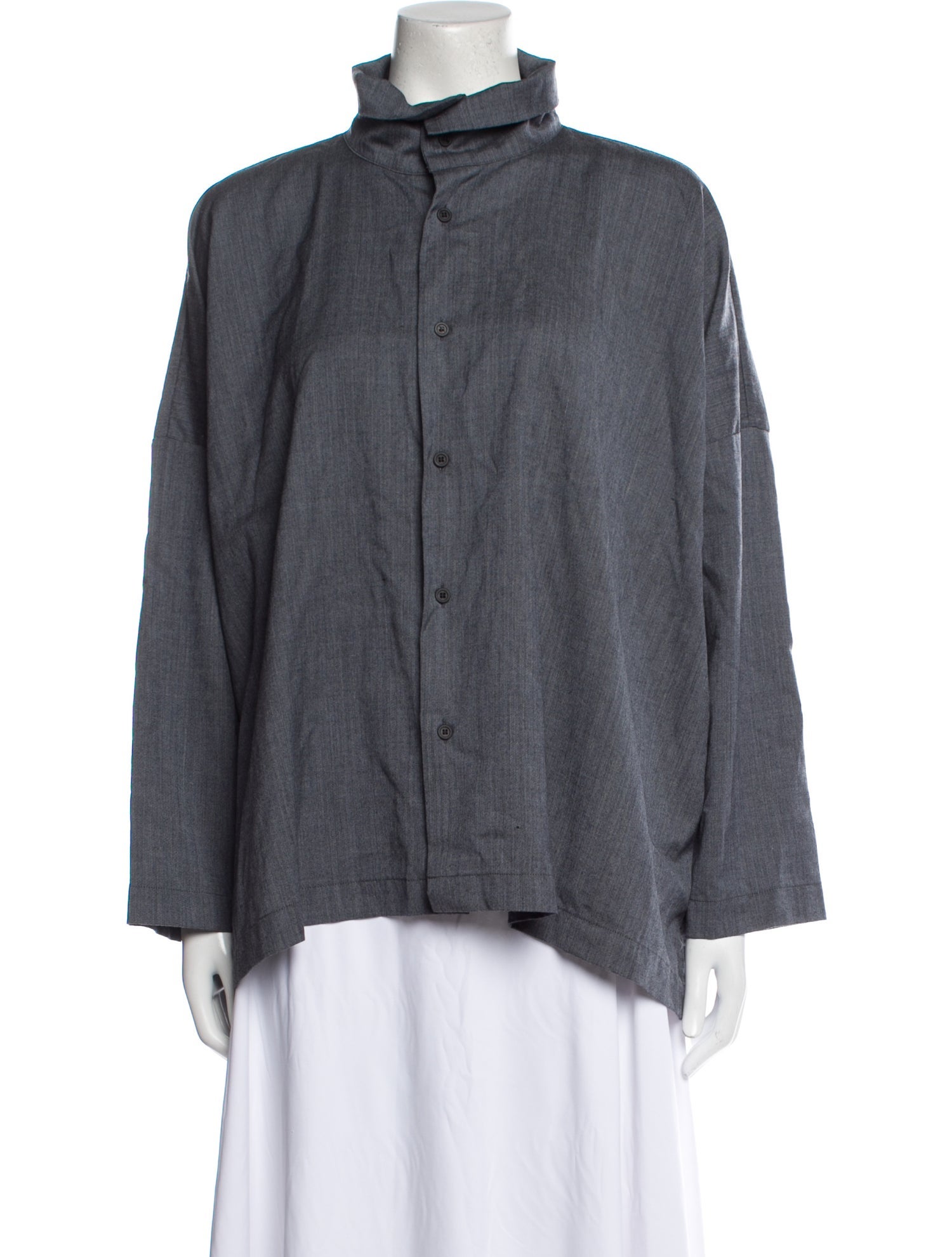 Eskandar Mock Neck Long Sleeve Button-Up Top - Grey Tops, Clothing - ESK55969 | The RealReal