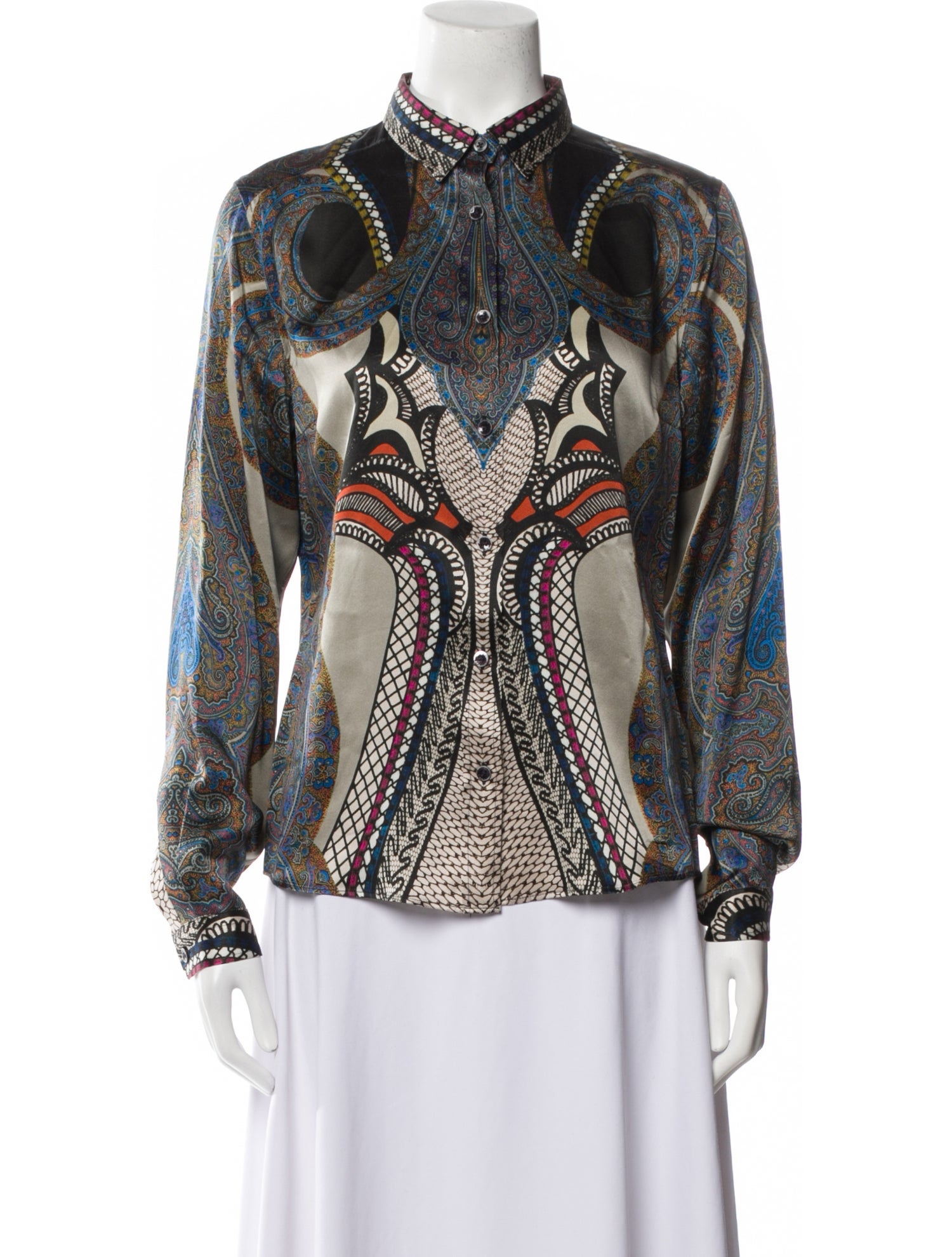 Etro Printed Mock Neck Button-Up Top - Blue Tops, Clothing - ETR227142 ...