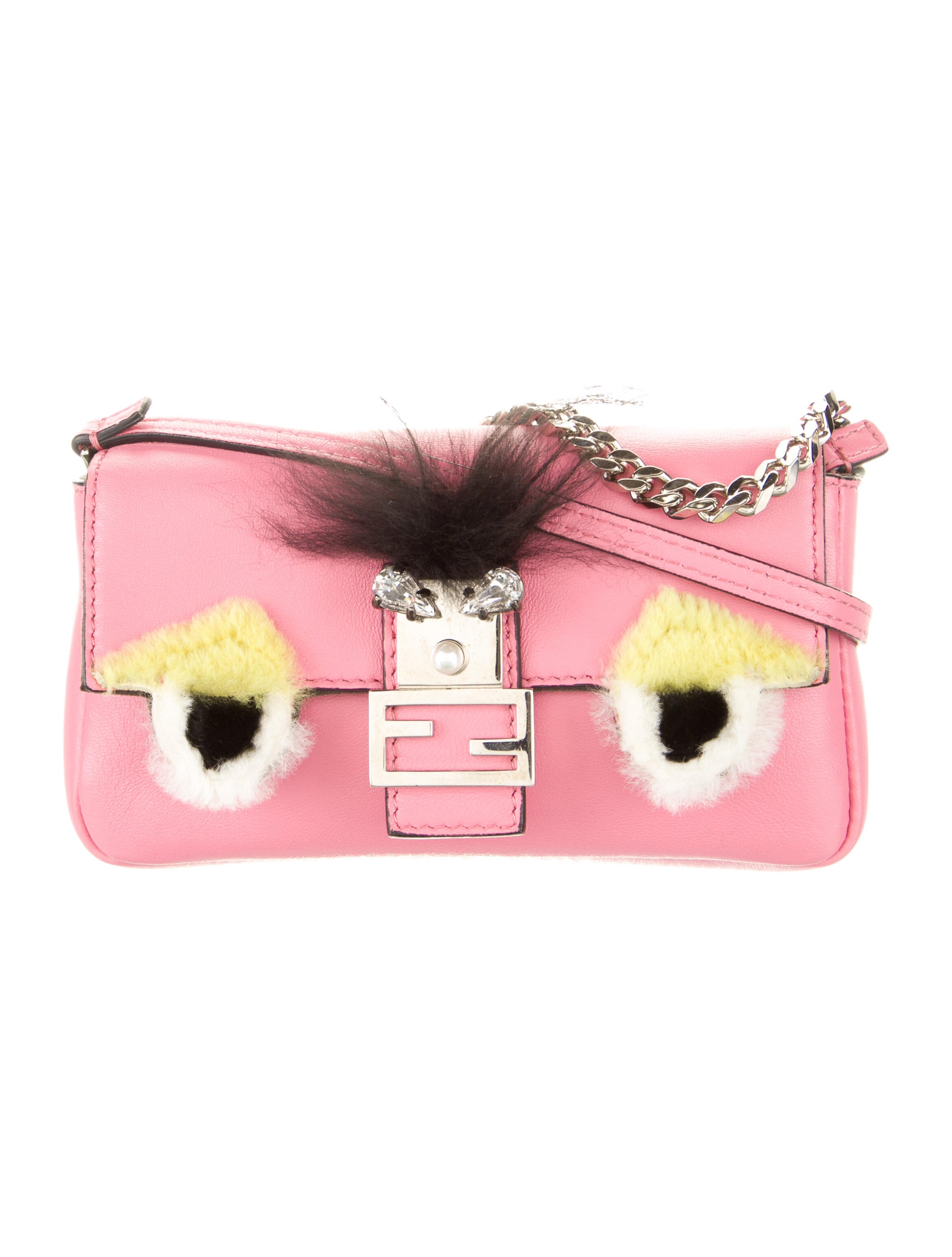 Fendi Fur-Trimmed Monster Micro Baguette - Pink Mini Bags, Handbags ...