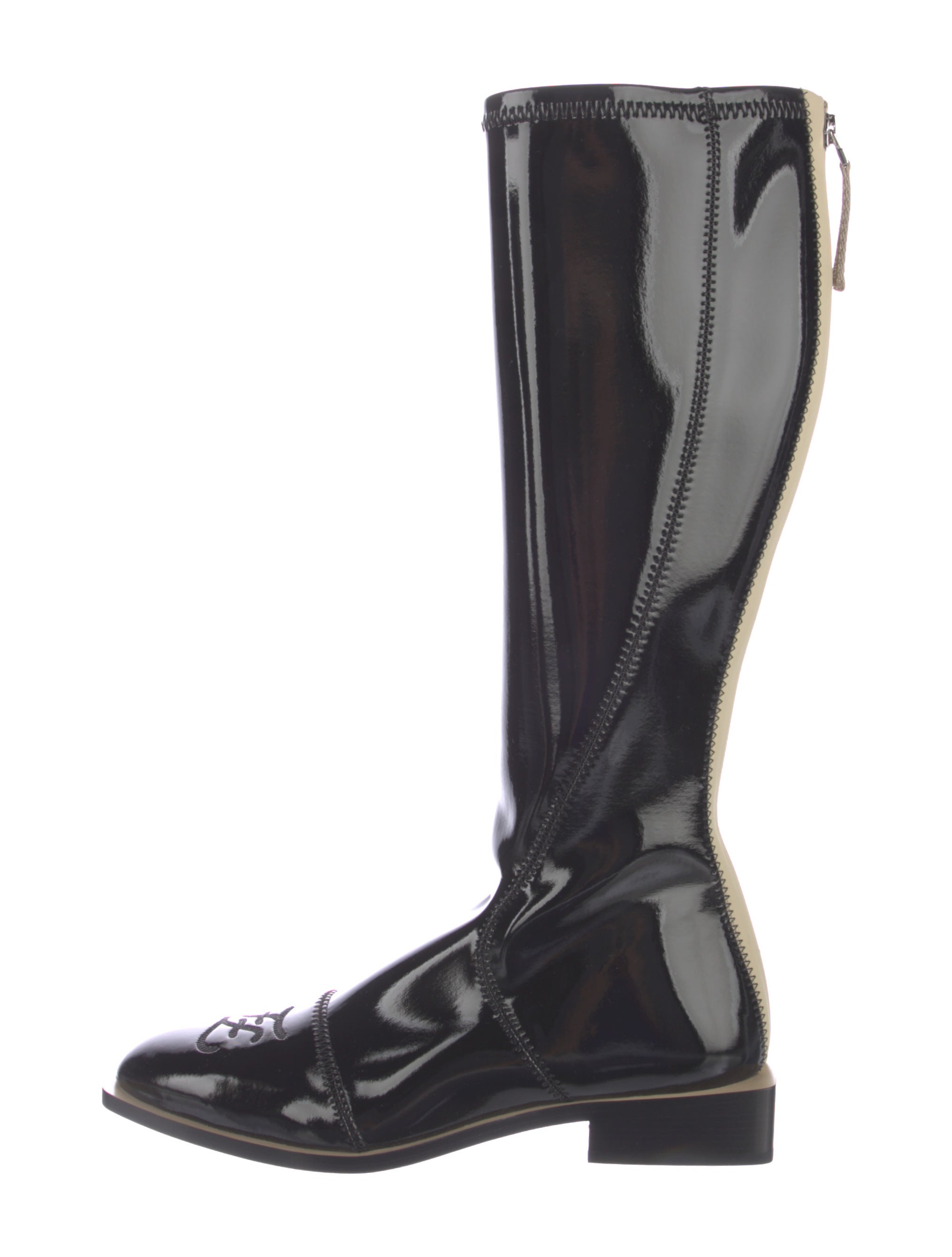 Fendi Karligraphy Accent Patent Leather Riding Boots - Black Boots ...