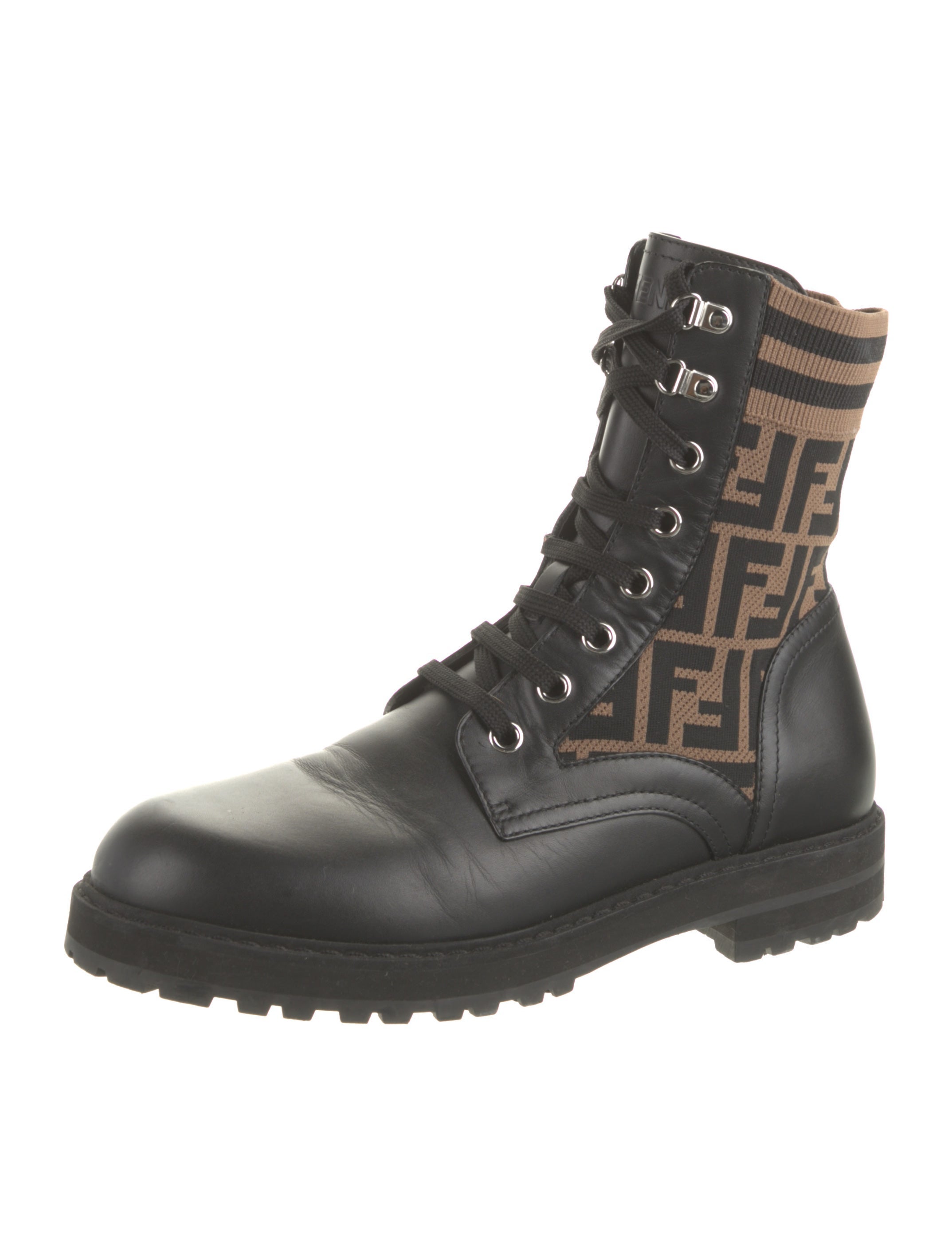 Fendi Zucca FF Logo Leather Combat Boots - Black Boots, Shoes ...