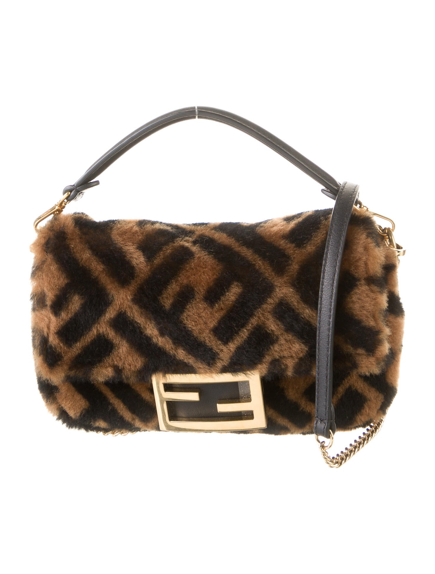 Fendi Mini Shearling Zucca Baguette - Brown Shoulder Bags, Handbags ...
