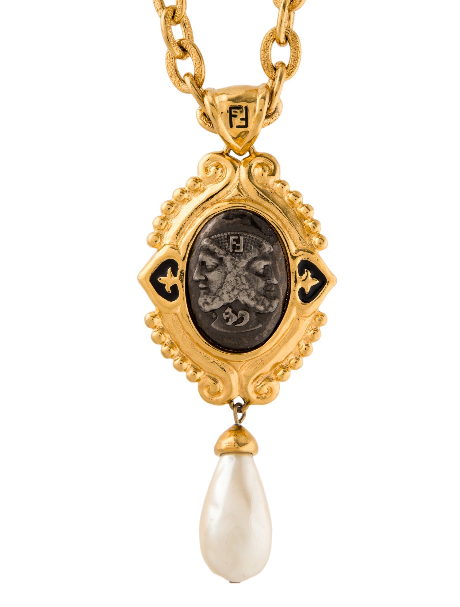 Fendi Vintage Faux Pearl Janus Medallion Pendant Necklace - Gold-Tone ...