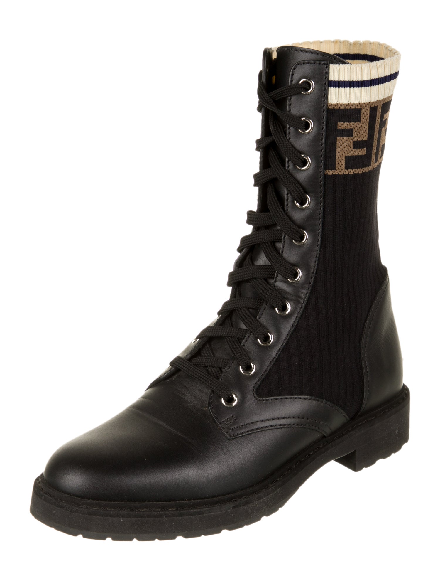 Fendi Zucca FF Logo Leather Trim Embellishment Combat Boots - Black Boots, Shoes - FEN297444 ...