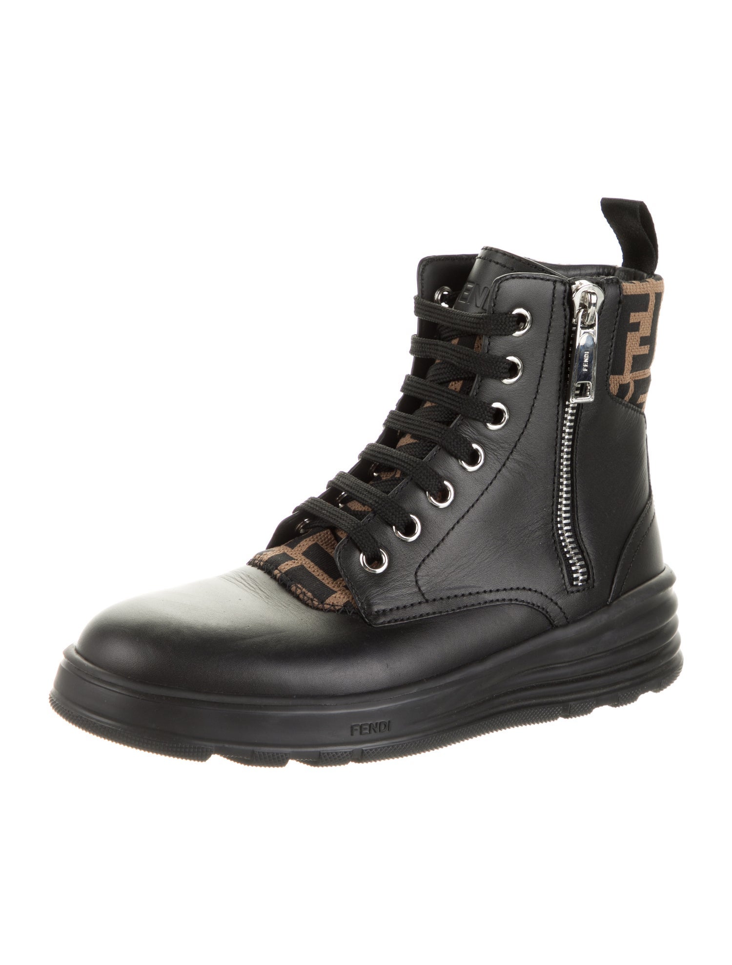 Fendi Zucca FF Logo Leather Combat Boots - Black Boots, Shoes ...