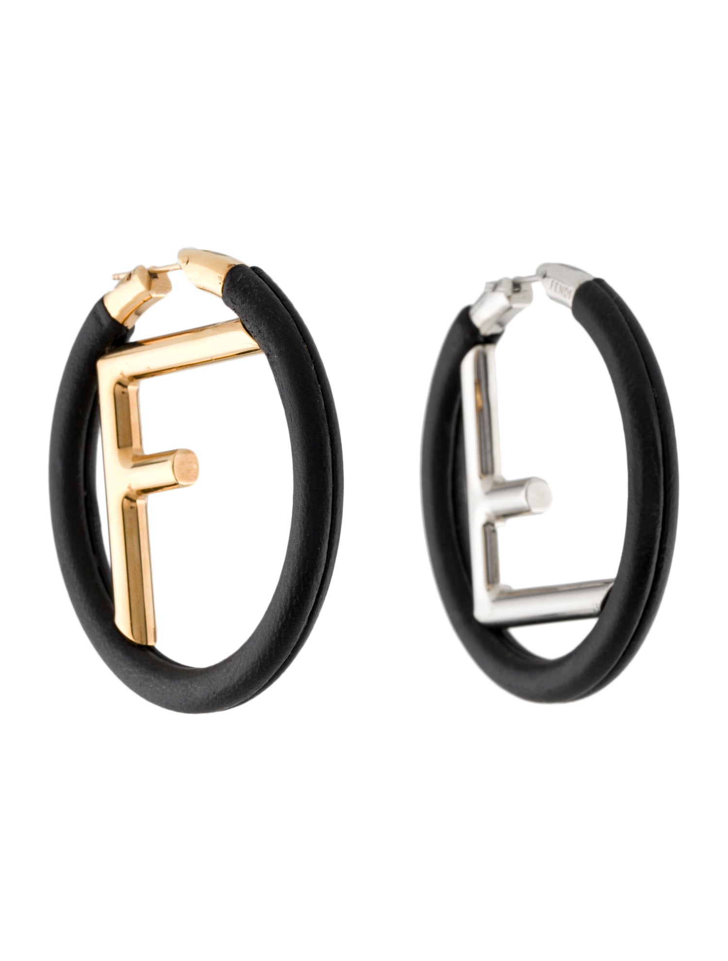 Fendi Leather Large F Logo Hoop Earrings - Black, Gold-Tone Metal Hoop ...