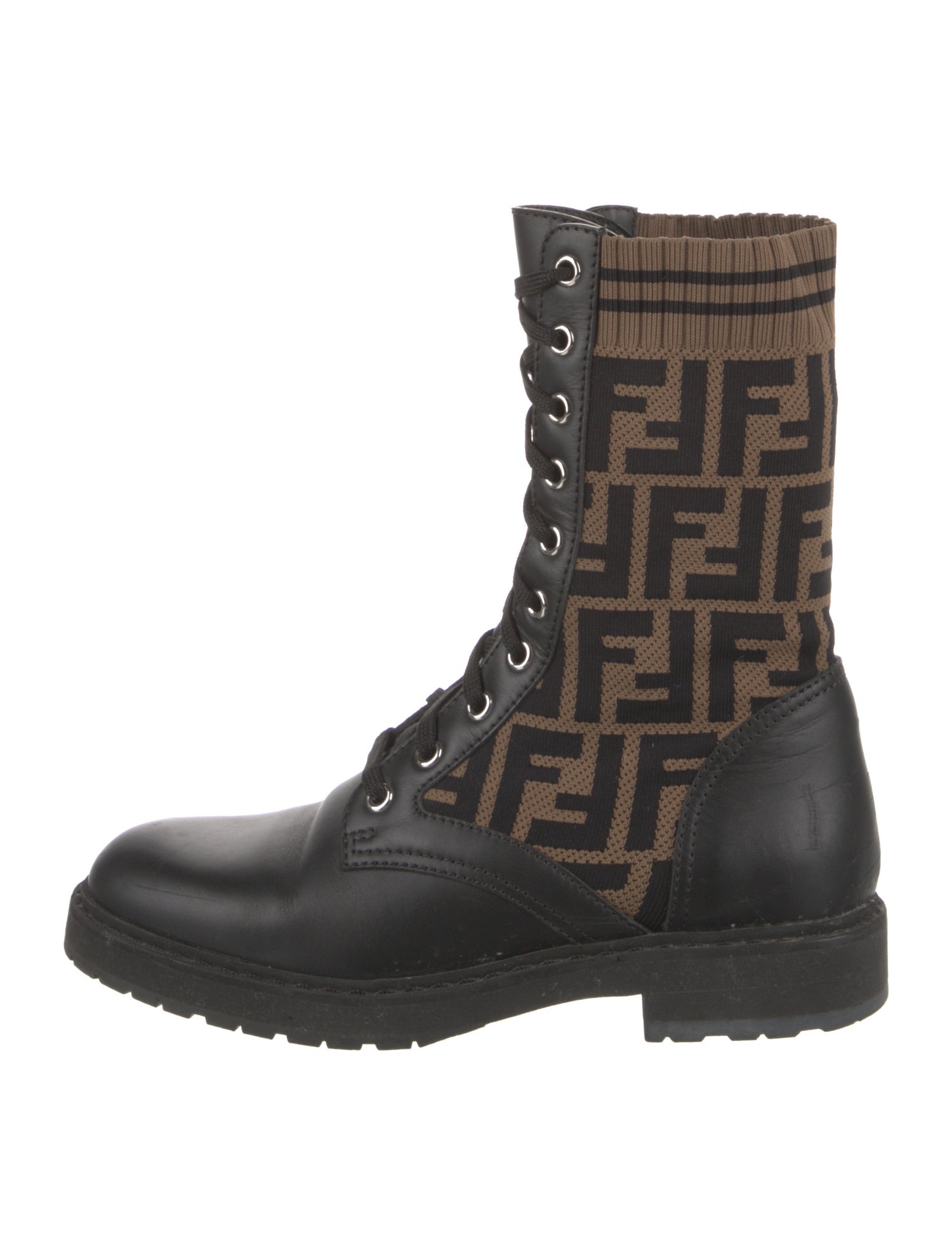 Fendi Zucca FF Logo Leather Combat Boots - Brown Boots, Shoes ...