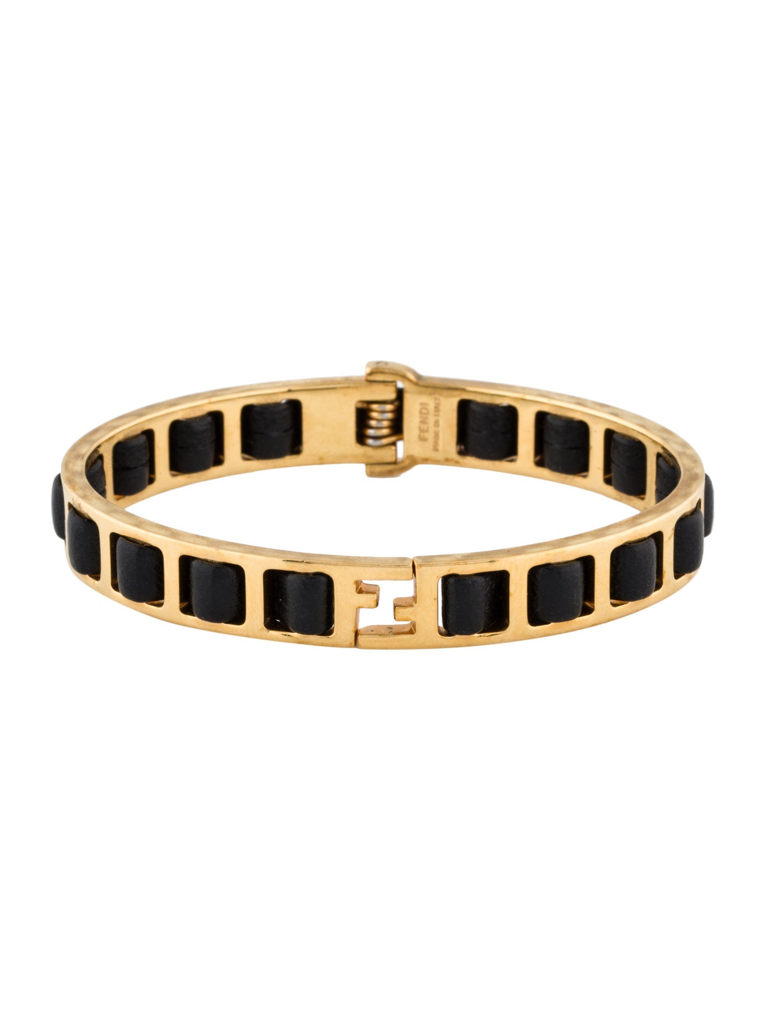 Fendi Leather Fendista Cuff Bracelet - Black, Gold-Tone Metal Cuff ...