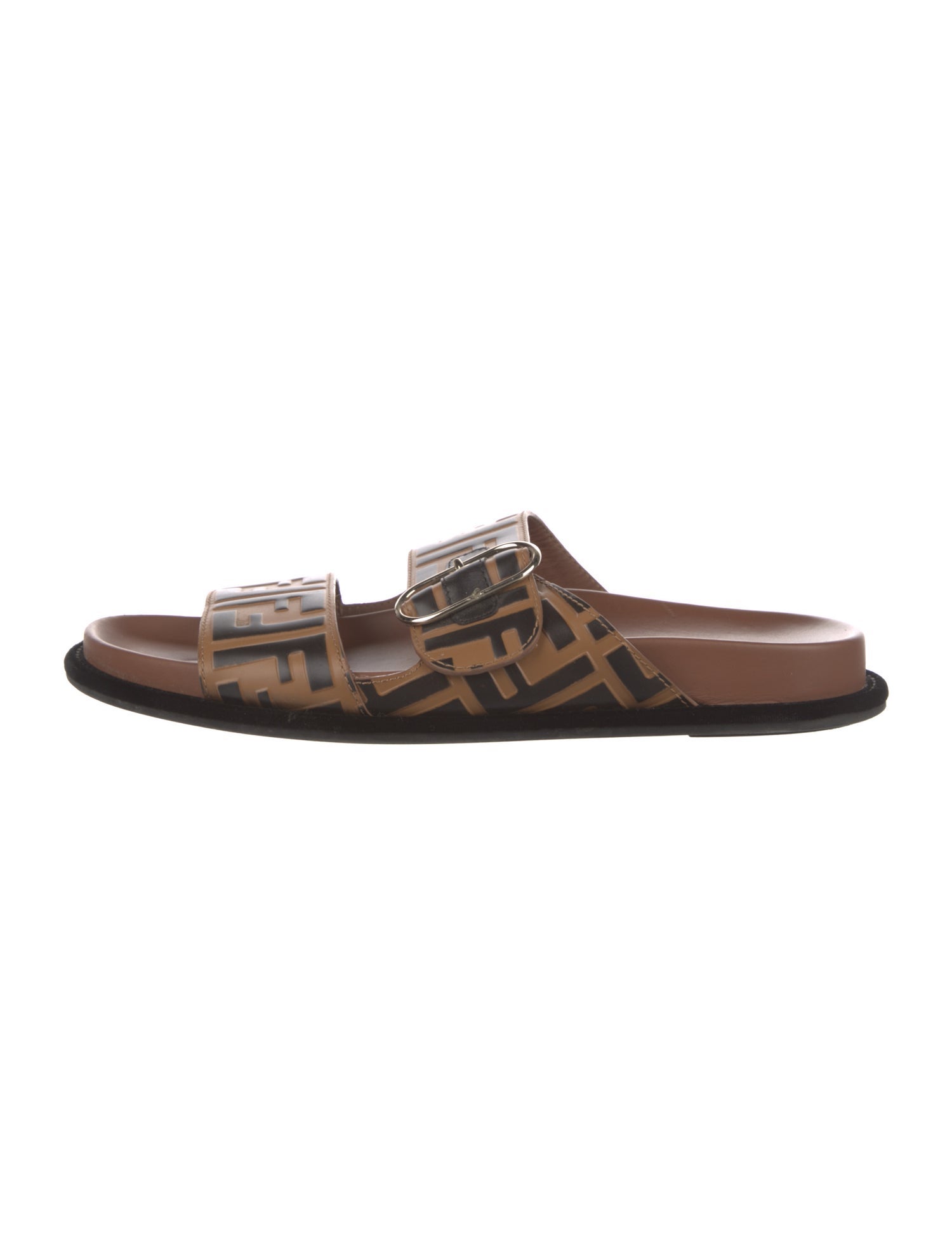 Fendi Zucca FF Logo Leather Slides - Brown Sandals, Shoes - FEN359871 ...