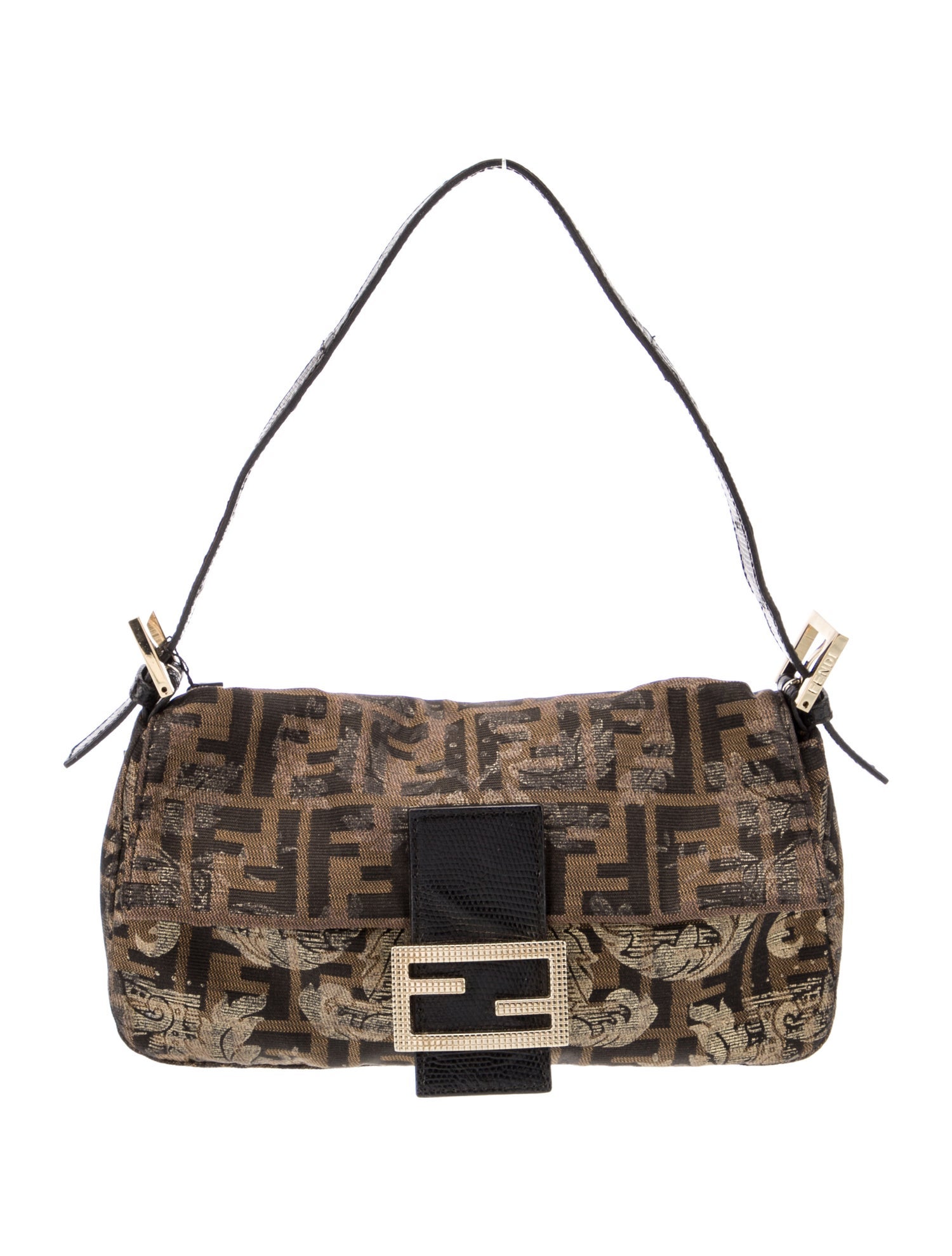 Fendi Floral Zucca FF Lizard Trim Baguette - Brown Shoulder Bags ...
