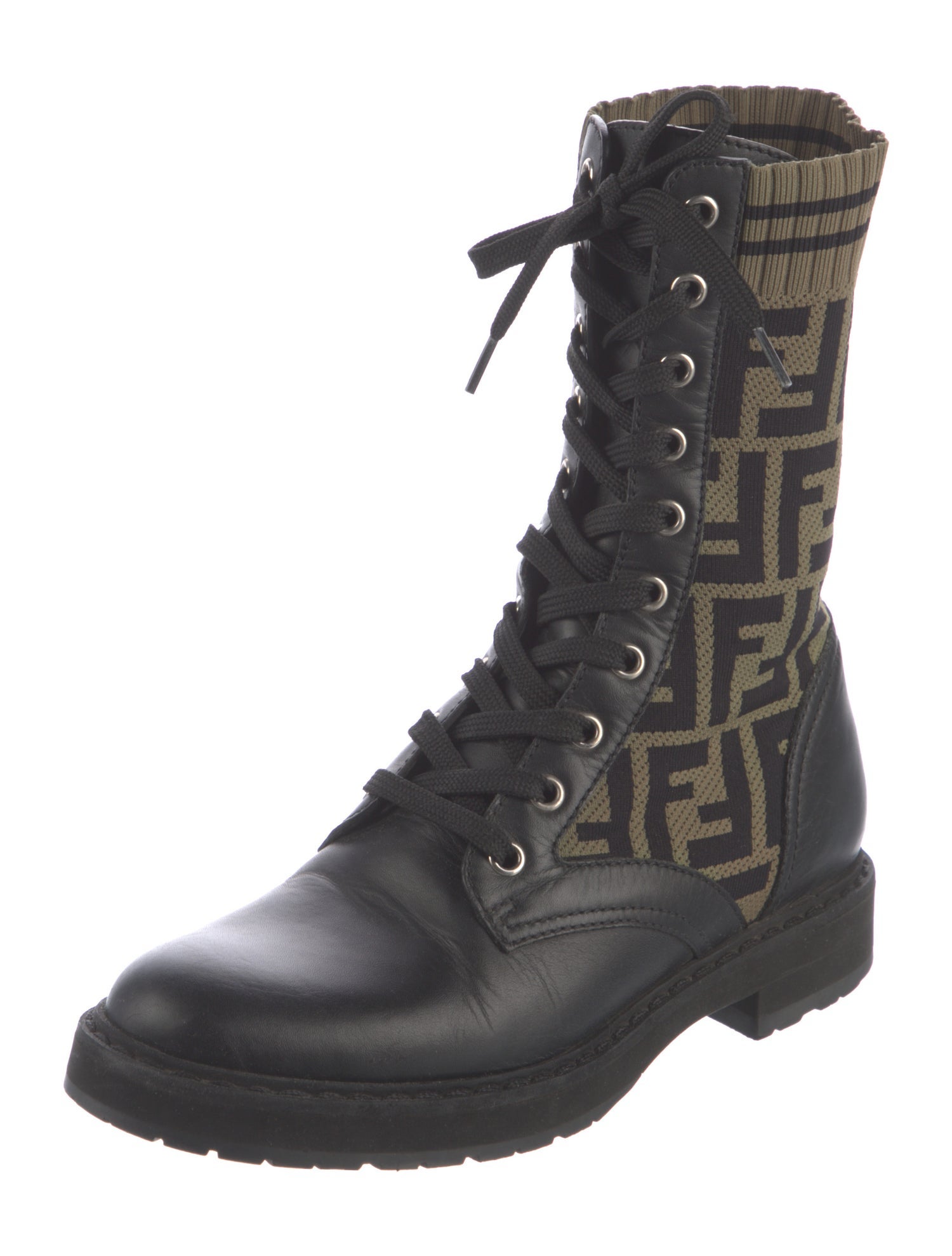 Fendi Zucca FF Logo Leather Combat Boots - Black Boots, Shoes ...