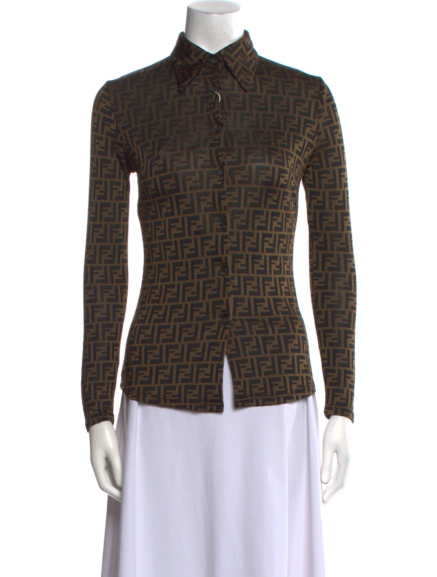 Fendi Printed Long Sleeve Button-Up Top - Brown Tops, Clothing ...