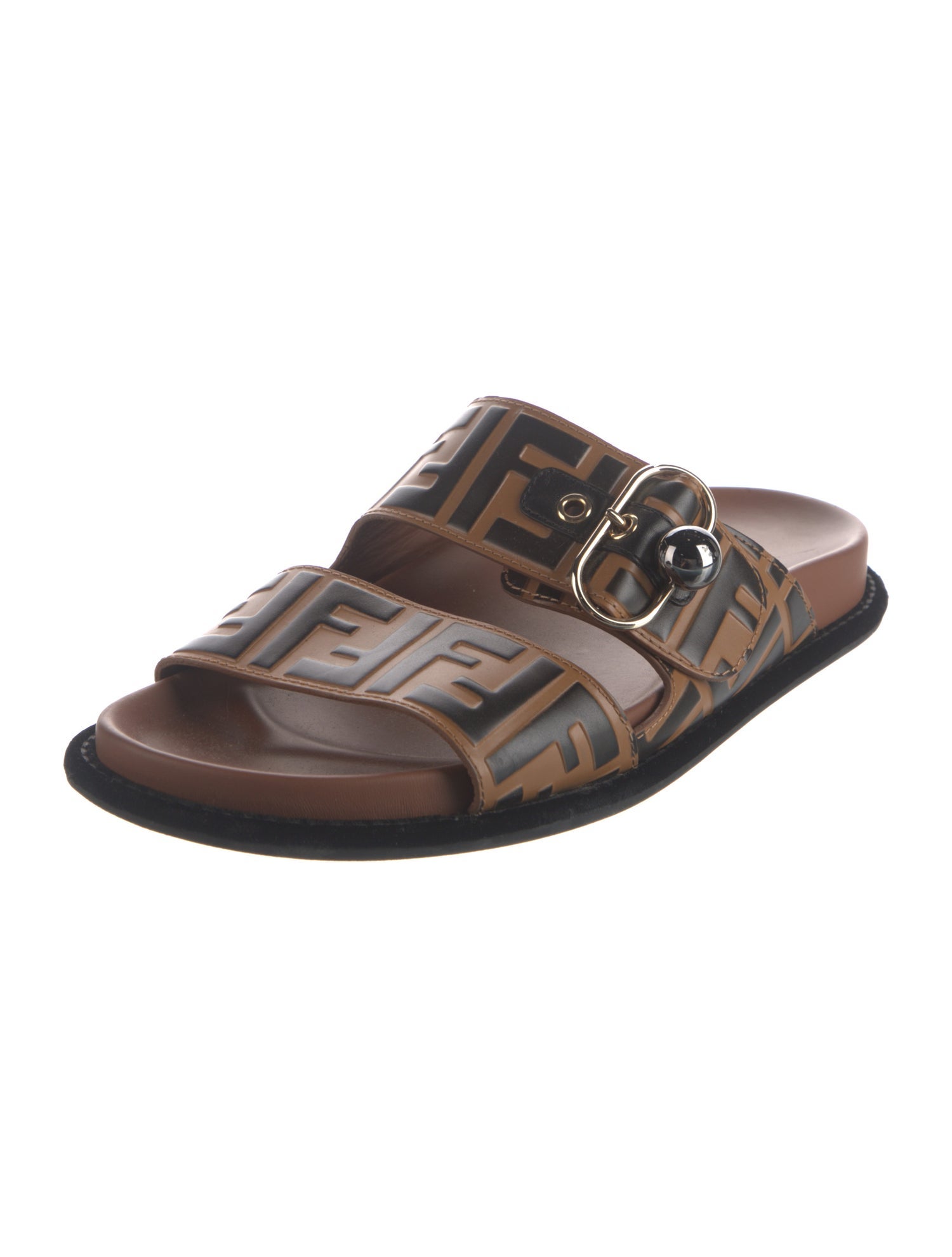 Fendi Zucca FF Logo Leather Slides - Brown Sandals, Shoes - FEN382290 ...