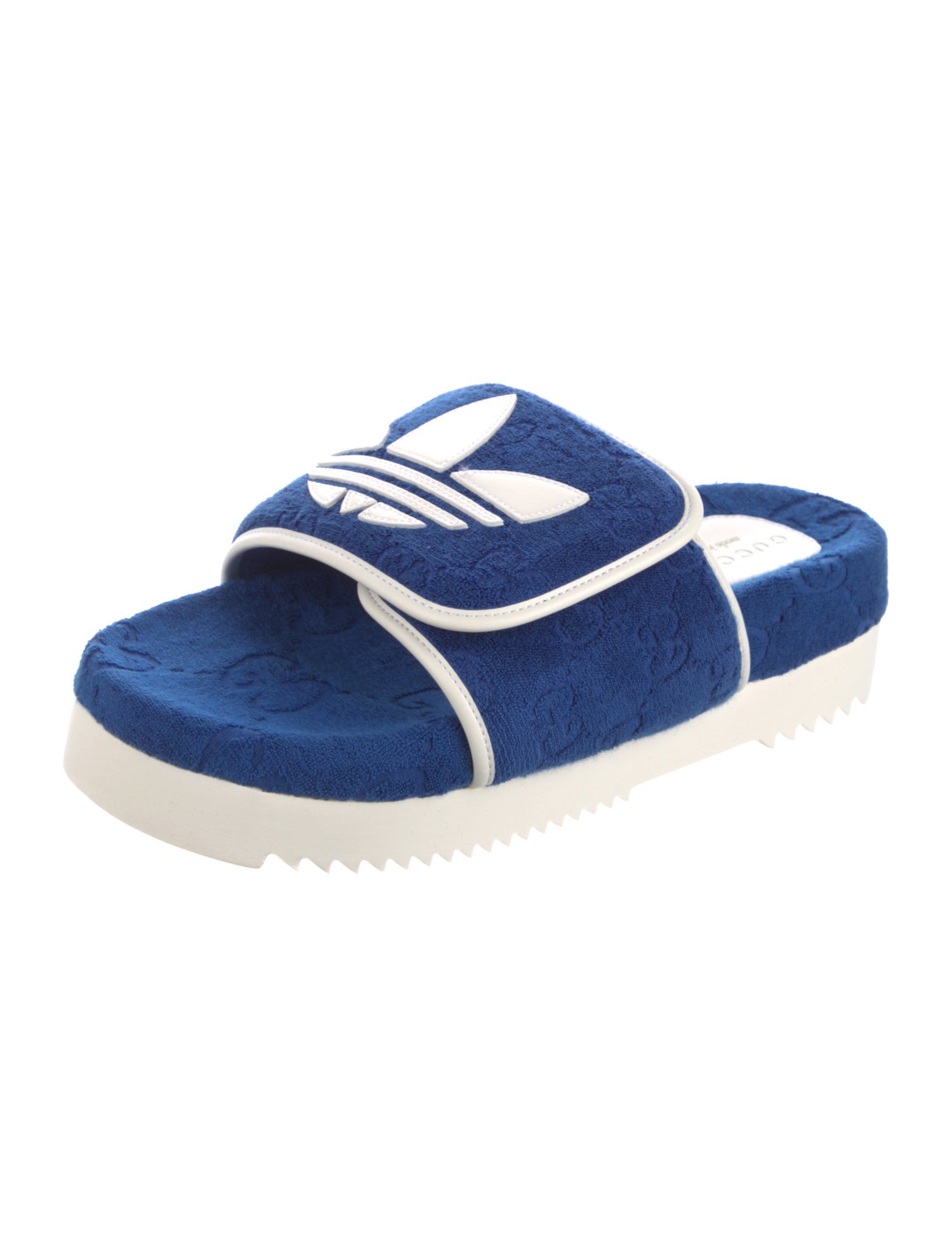 Gucci x Adidas GG Logo Leather Trim Embellishment Slides w/ Tags - Blue ...