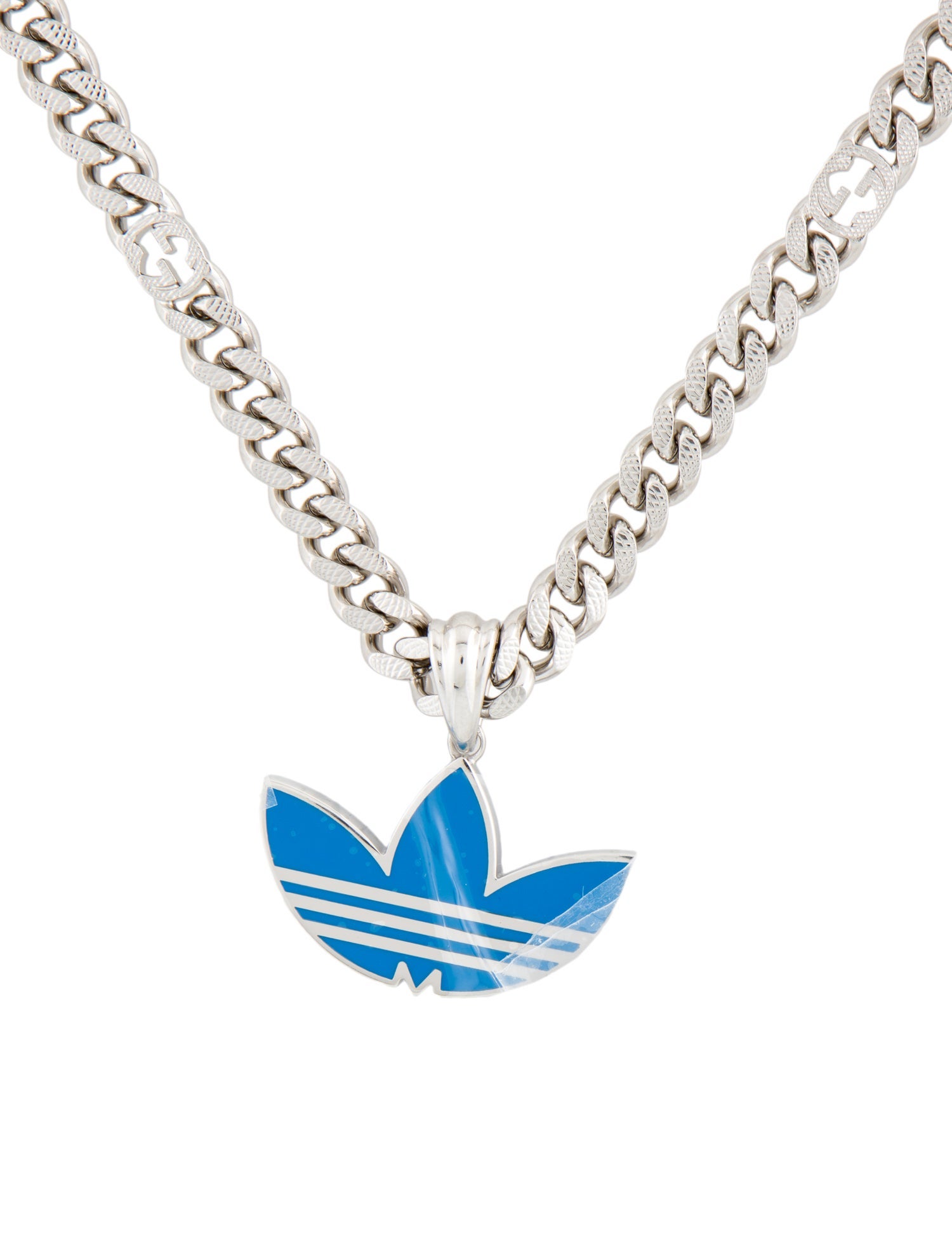 Gucci x Adidas Enamel Trefoil Gourmette Pendant Necklace - Blue, Silver ...