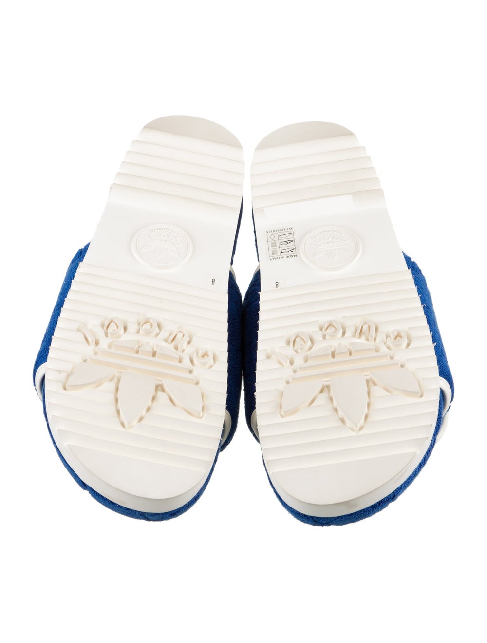 Gucci x Adidas Slides Blue Graphic Print Leather Trim… - Gem