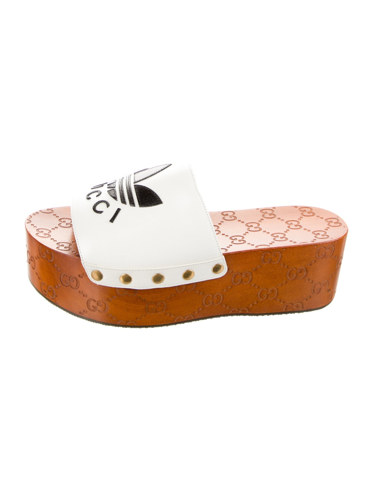 Gucci x Adidas GG Logo Leather Slides - White Sandals, Shoes ...