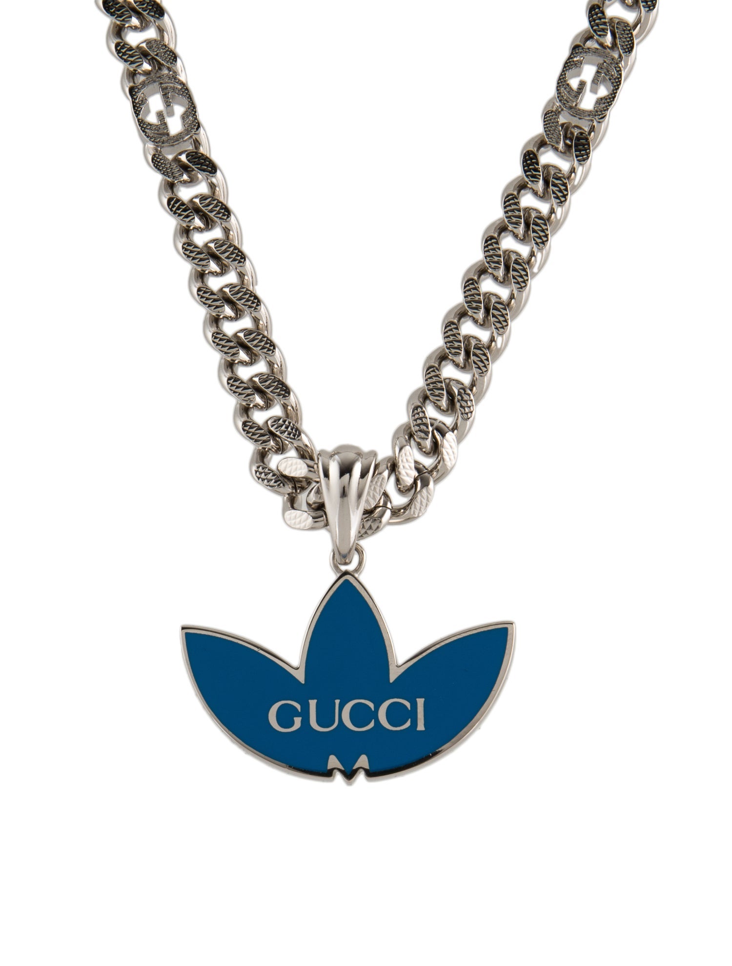 Gucci x Adidas Enamel Trefoil Gourmette Pendant Necklace - Blue, Silver ...