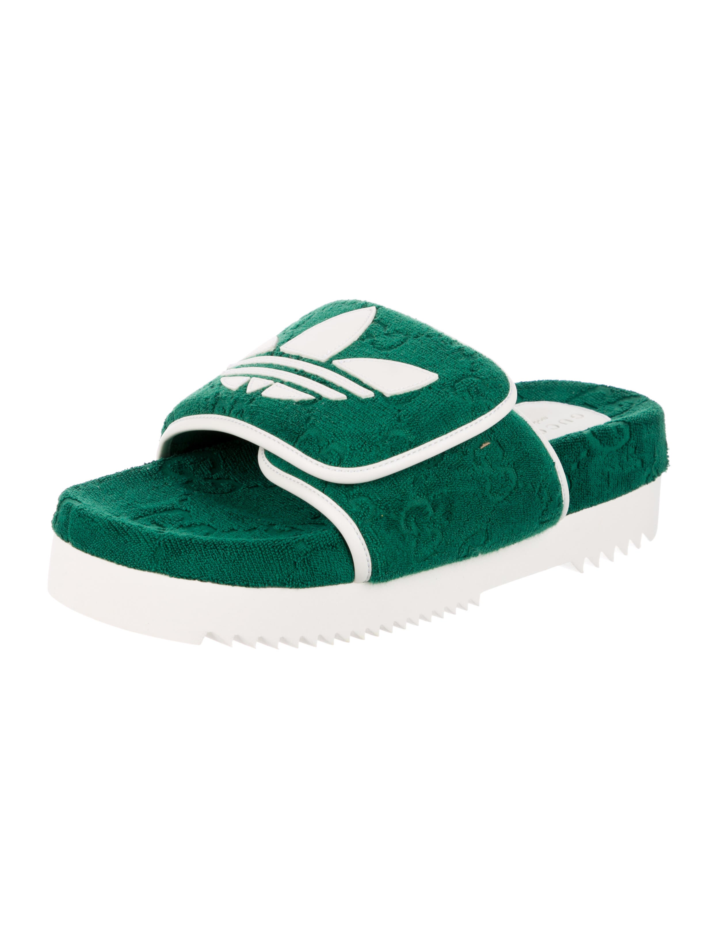 Gucci x Adidas GG Logo Leather Trim Embellishment Slides w/ Tags - Blue ...