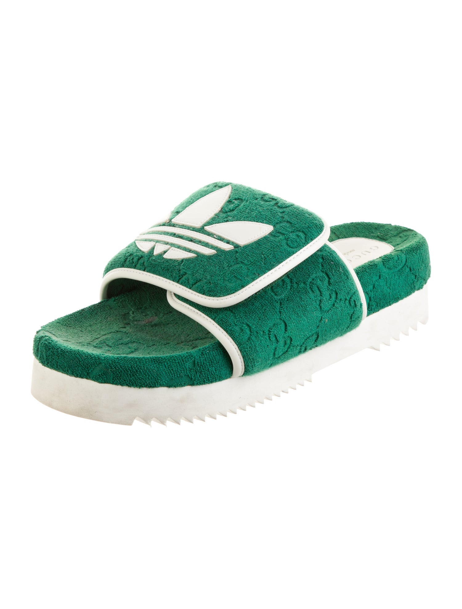Gucci x Adidas Graphic Print Leather Trim Embellishment Slides w/ Tags ...