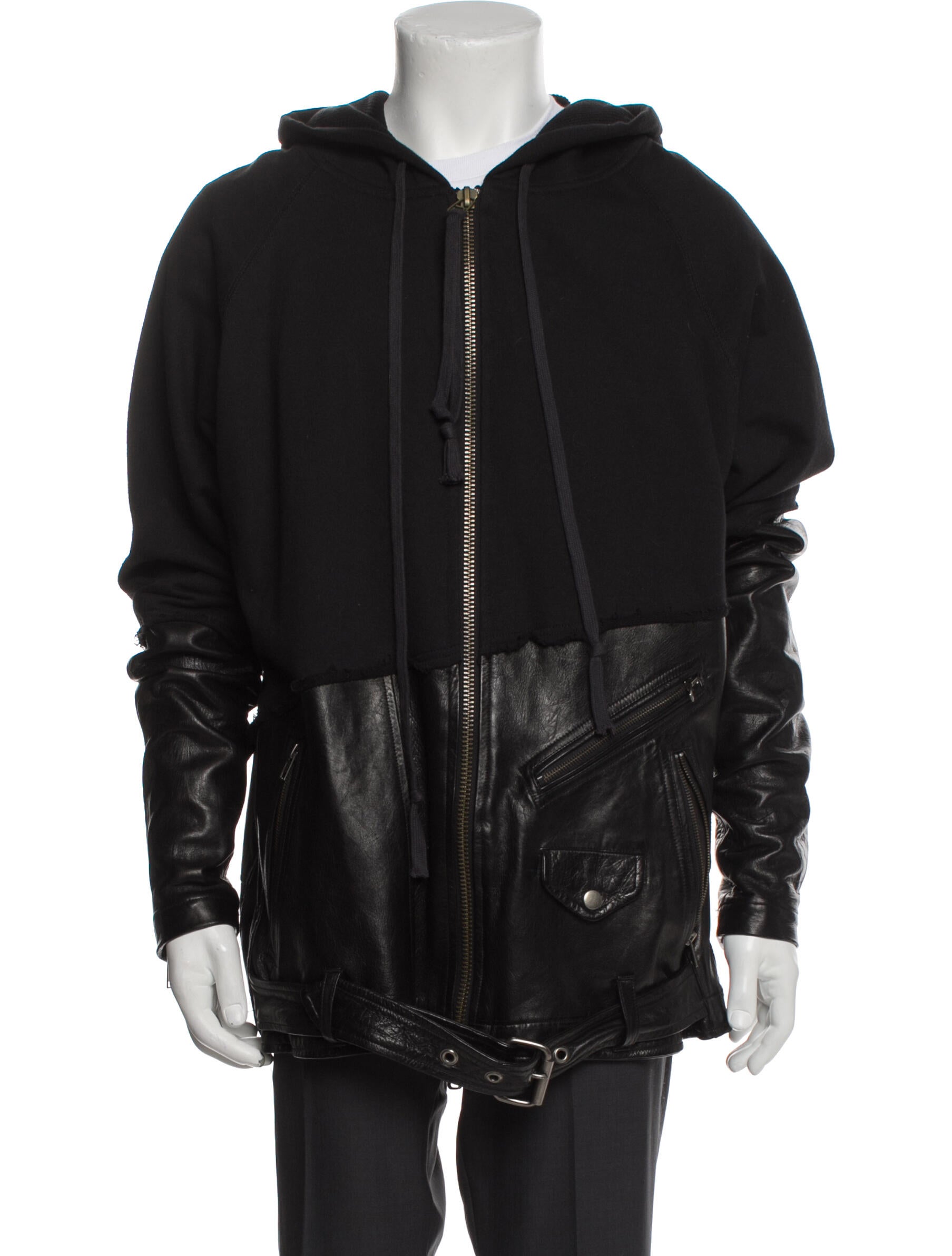 Greg Lauren Leather V-Neck Hoodie - Black Sweatshirts & Hoodies ...