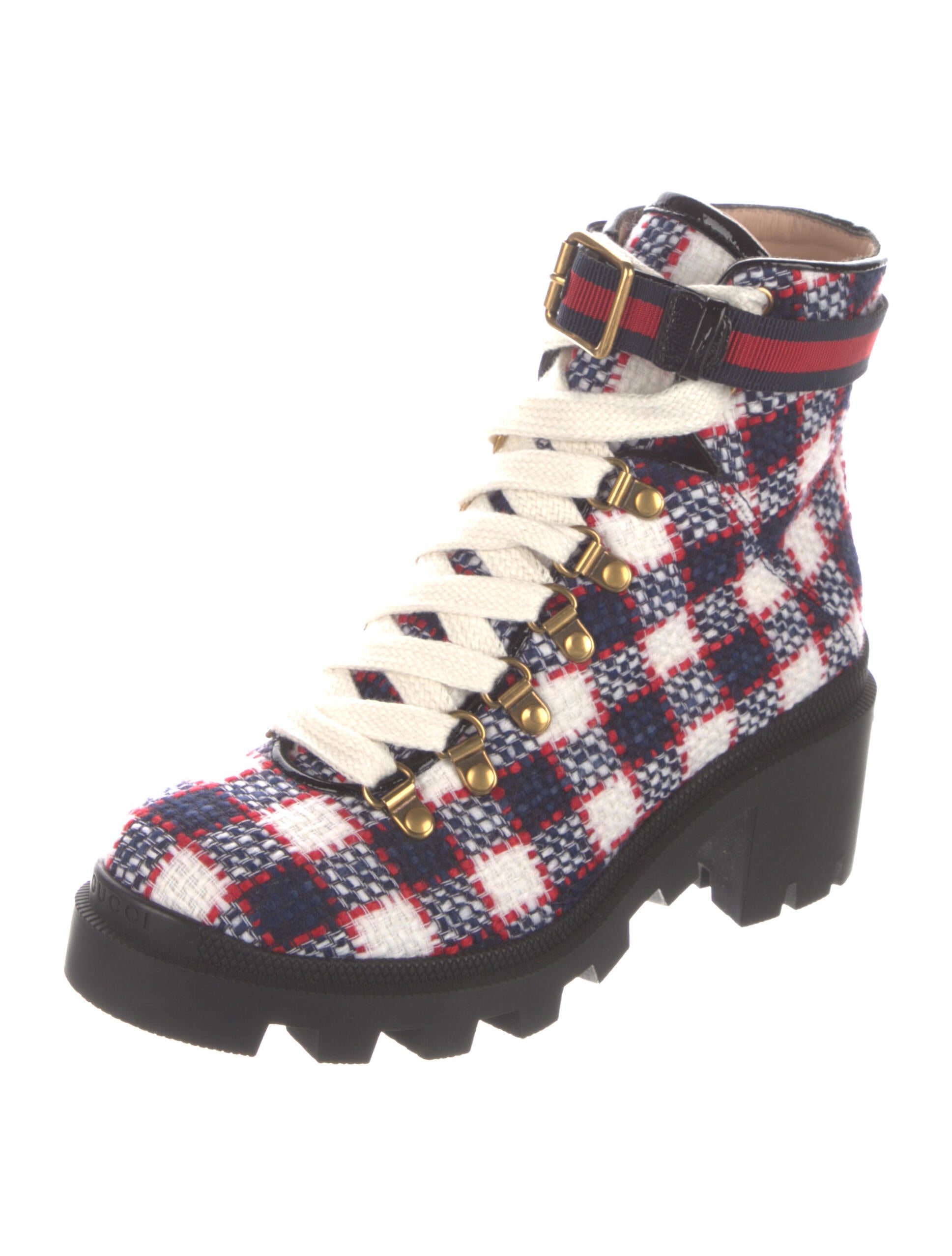 Gucci Sylvie Web Accent Tweed Combat Boots - Blue Boots, Shoes ...