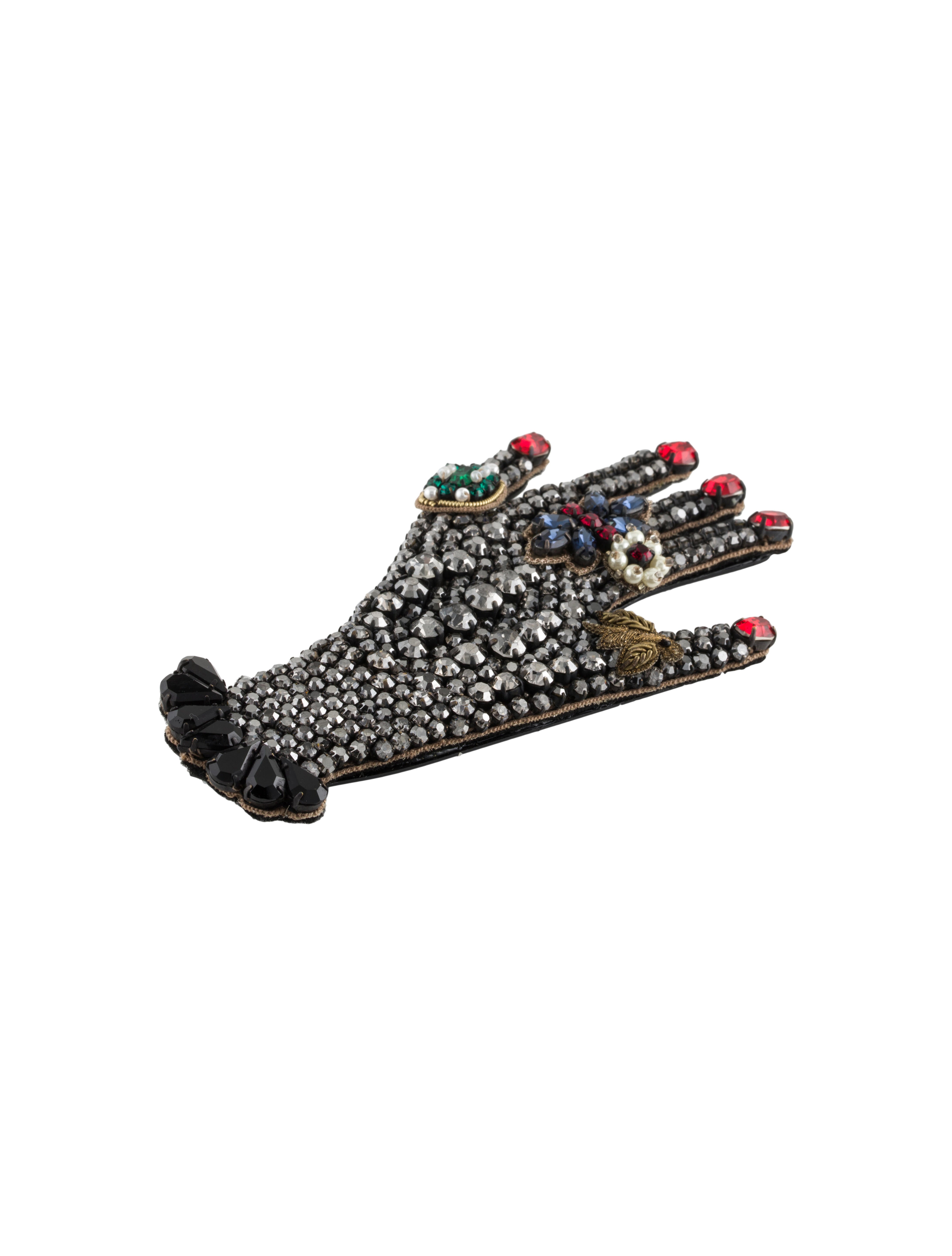 Gucci Crystal Embellished Hand Brooch - Black, Gold-Tone Metal Pin ...