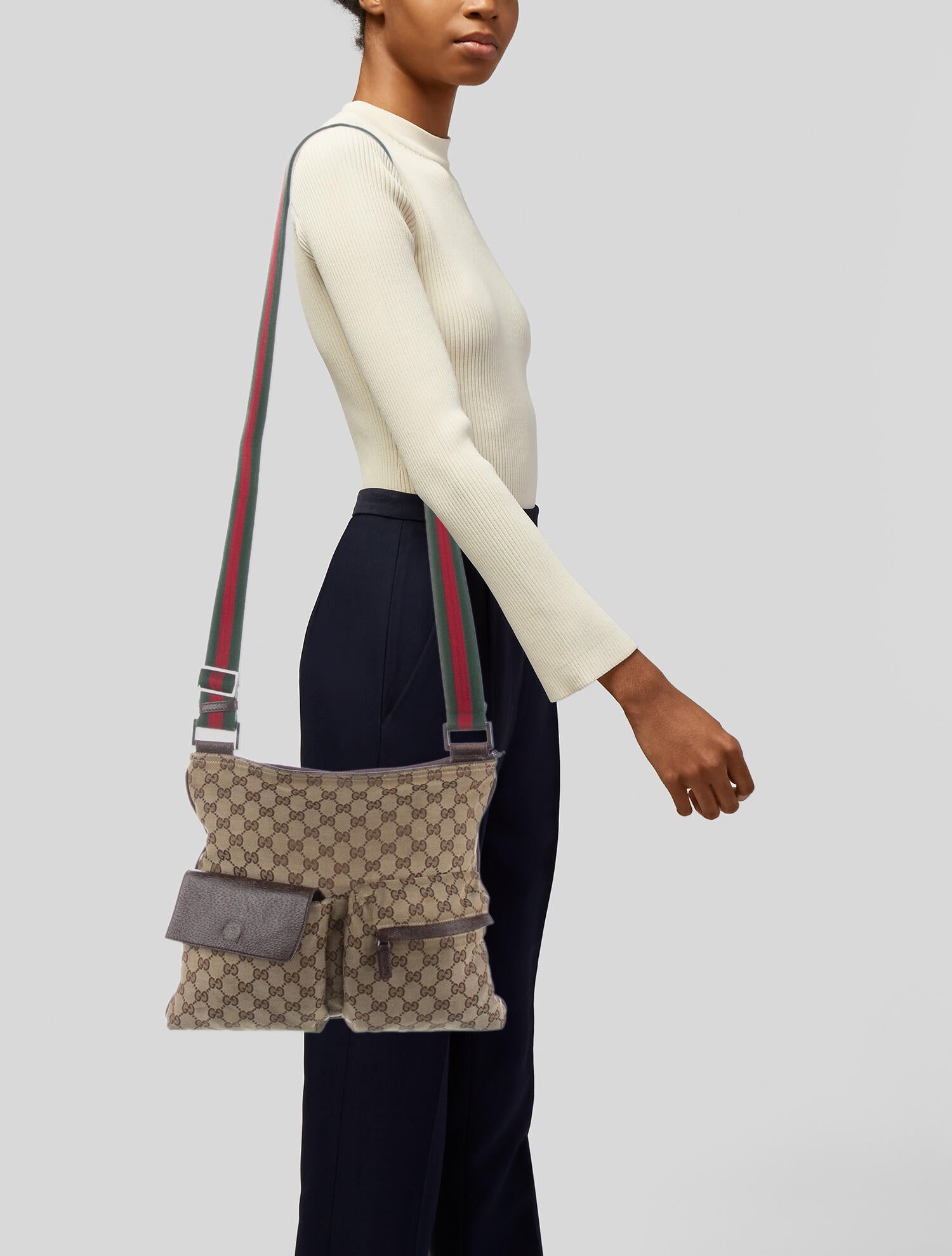 Gucci Monogram Web Medium Double Pocket Messenger Bag - Neutrals ...