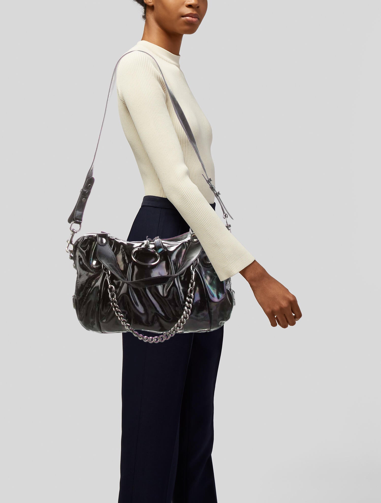 Gucci Metallic Patent Leather Medium Icon Bit Shoulder Bag - Black ...