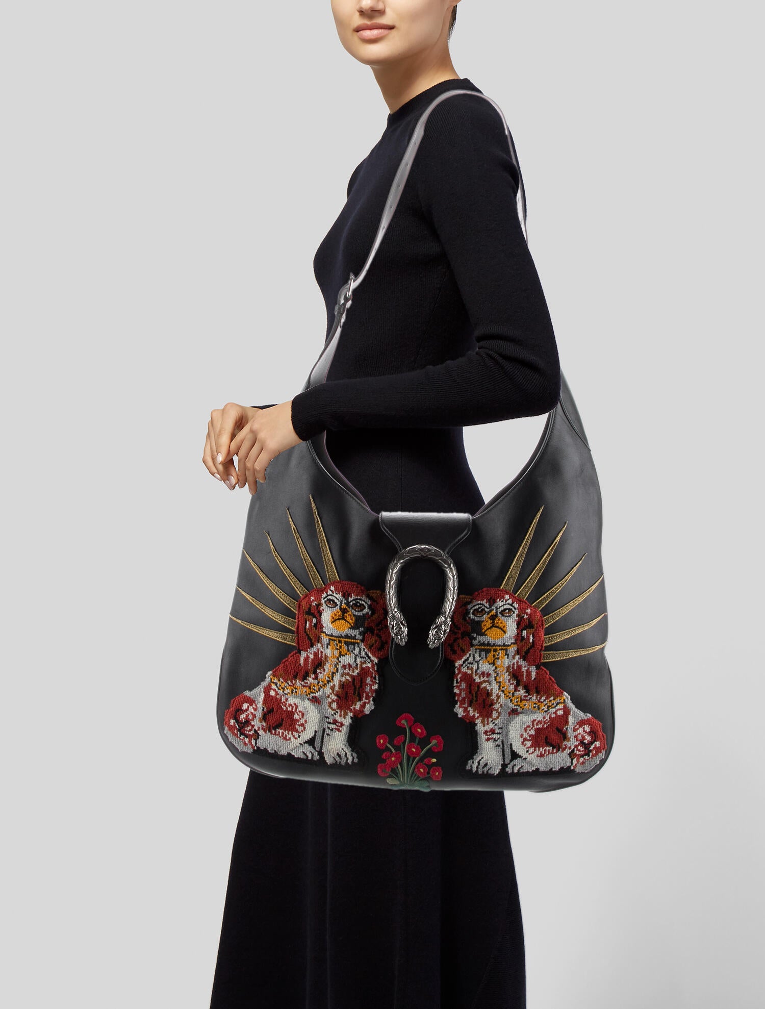 Gucci Dog Embroidered Extra Large Dionysus Hobo - Black Shoulder Bags ...