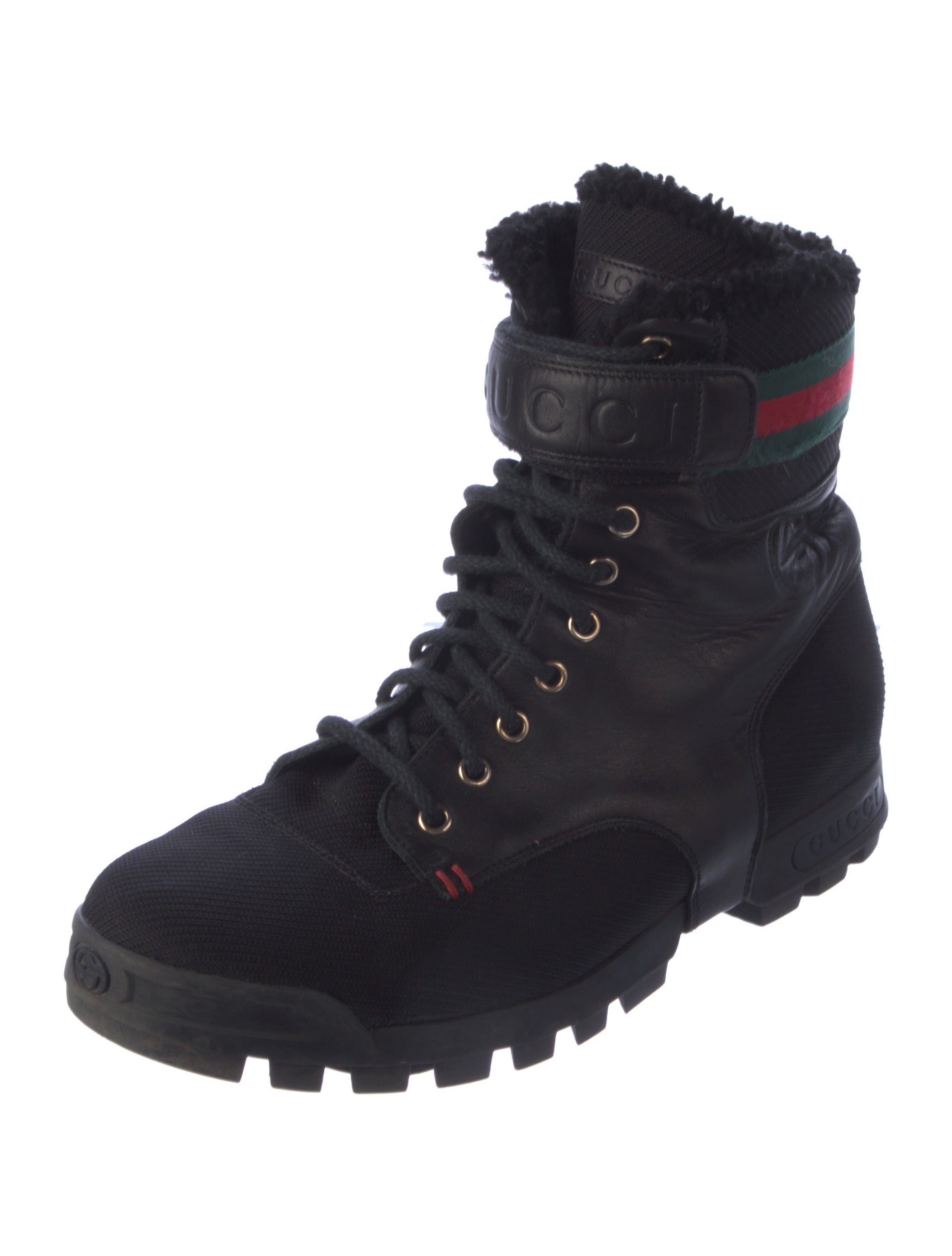 Gucci Web Accent Leather Combat Boots - Black Boots, Shoes - GUC1239126 ...