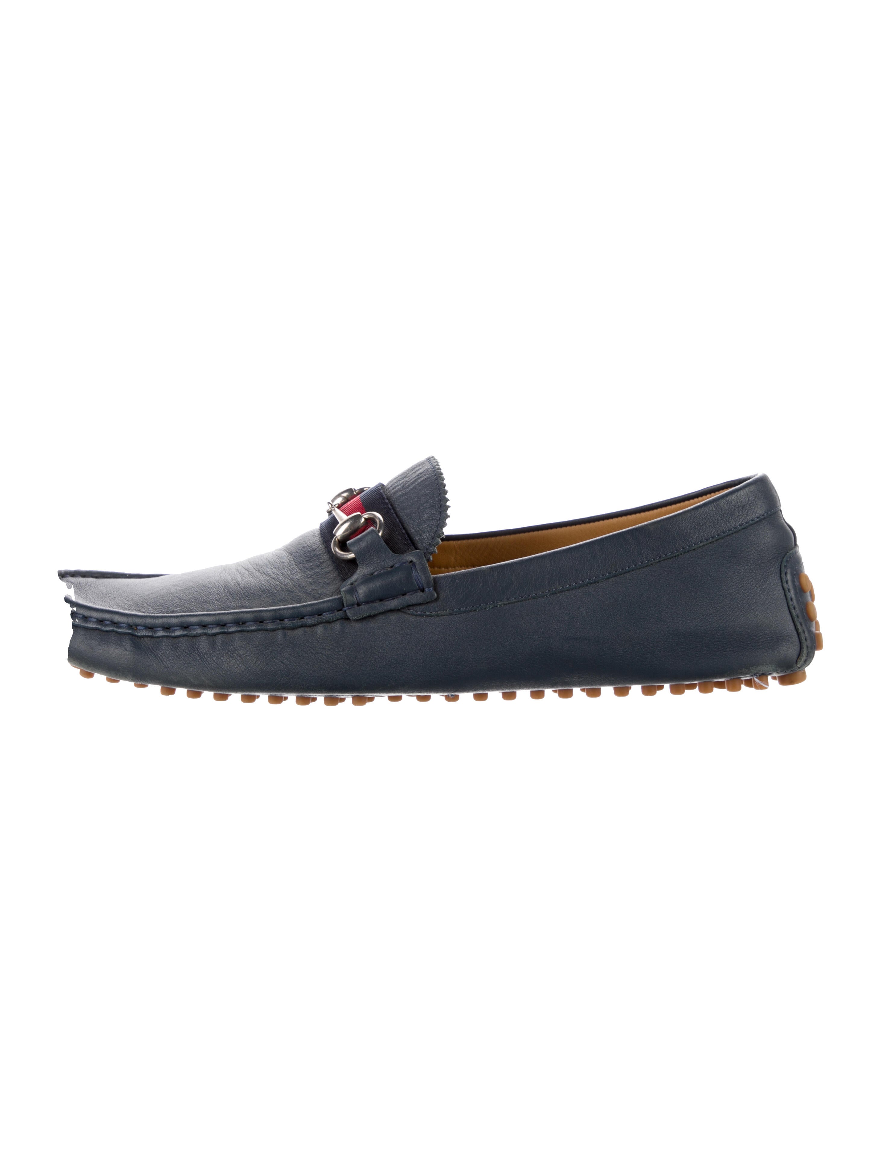 Gucci Web Accent Leather Drivers - Blue Loafers, Shoes - GUC1273526 ...