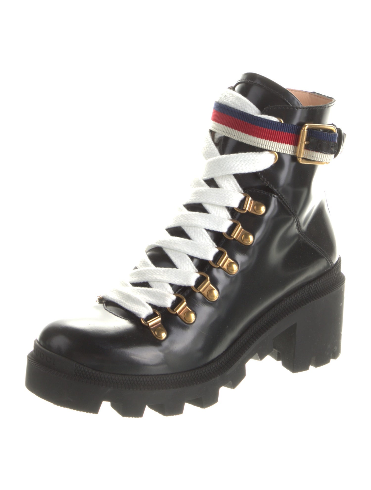 Gucci Sylvie Web Accent Leather Combat Boots - Boots, Shoes | The RealReal