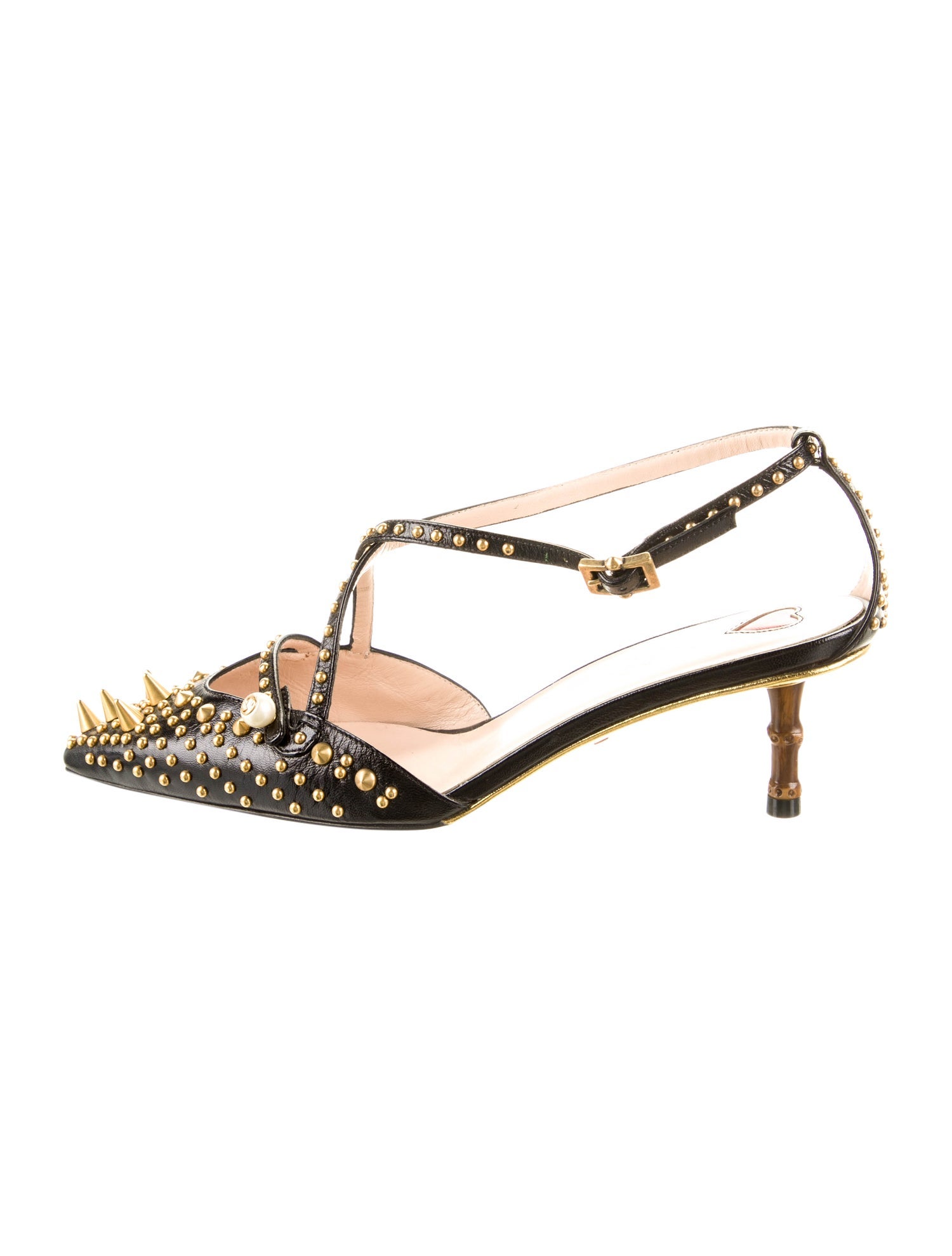 Gucci Spike Accents Leather T-Strap Pumps - Black Pumps, Shoes ...