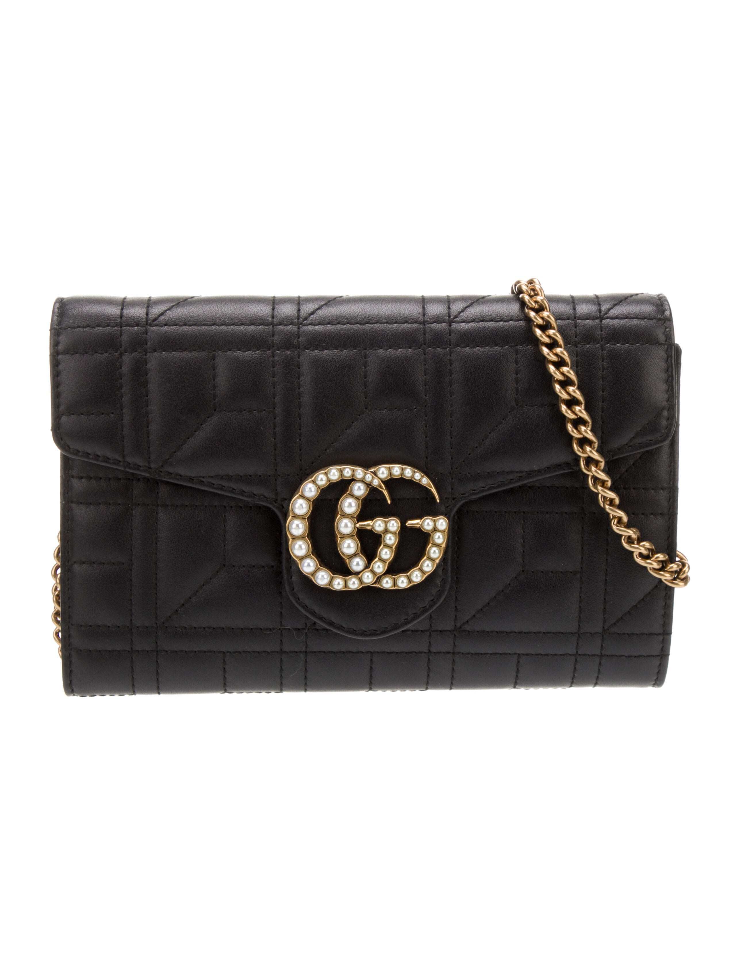 Gucci Mini Pearly Marmont Matelasee Wallet On Chain - Black Crossbody ...
