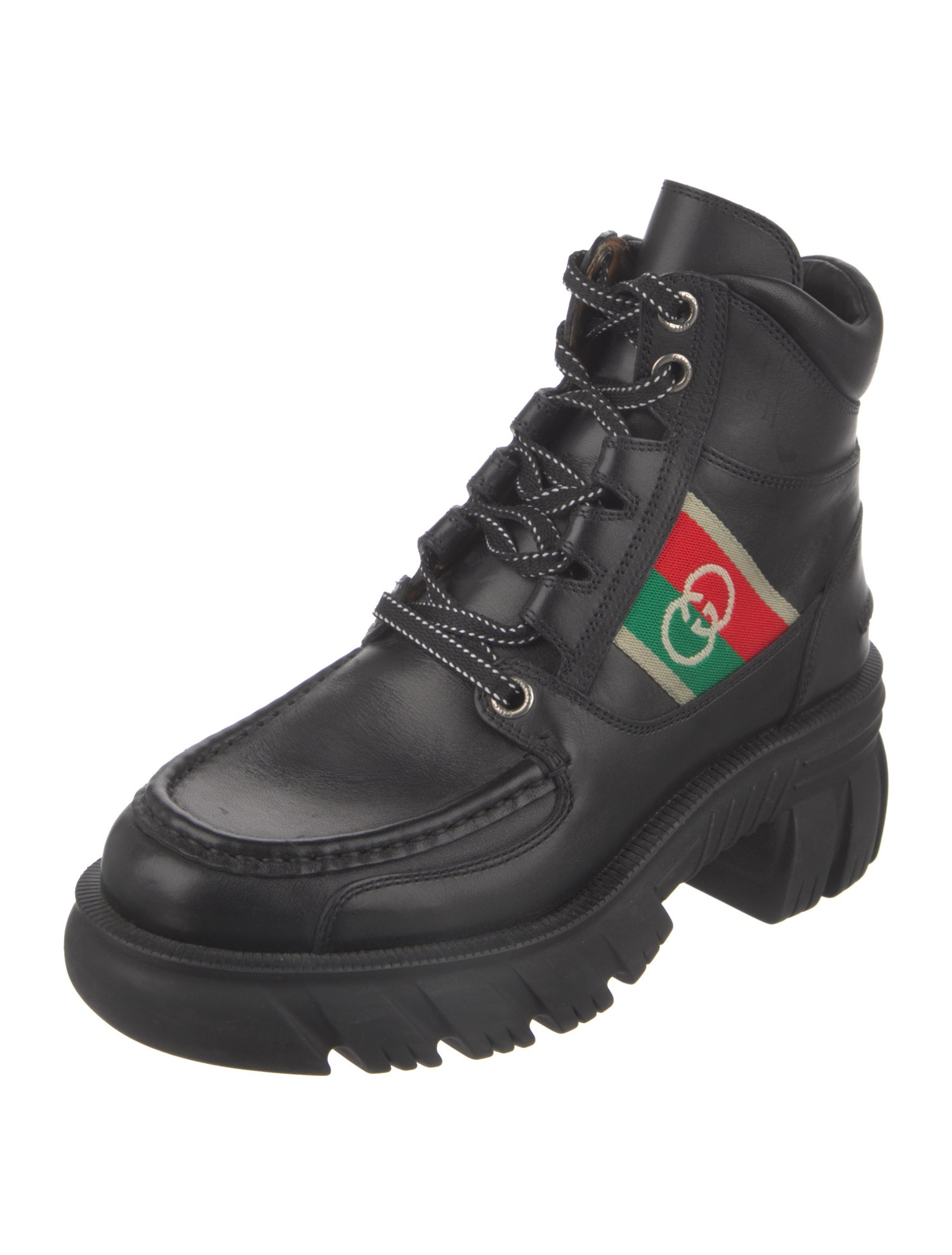 Gucci Interlocking G Logo Leather Combat Boots - Black Boots, Shoes ...