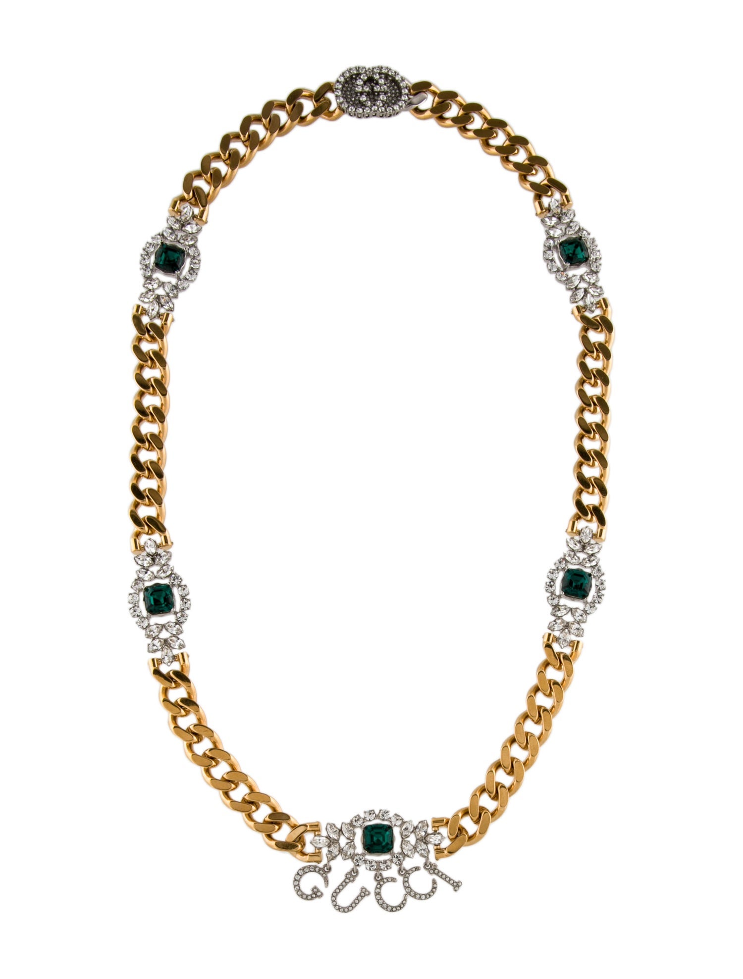 Gucci Interlocking G Crystal Script Station Necklace - Green, Gold-Tone ...