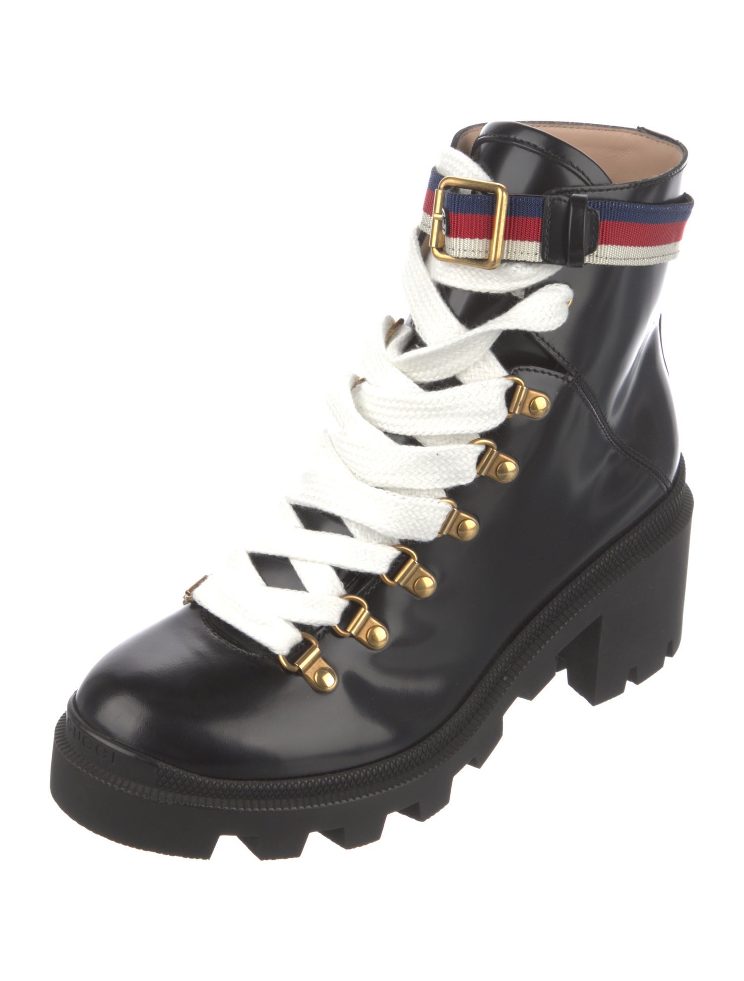Gucci Sylvie Web Accent Leather Combat Boots w/ Tags - Black Boots ...