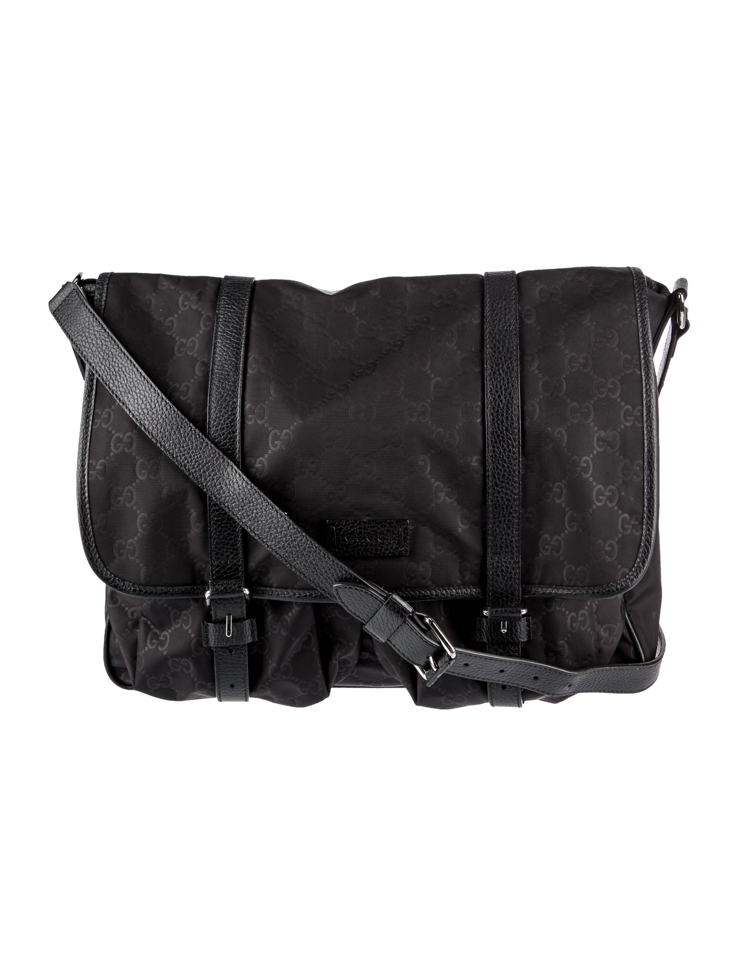 Gucci GG Nylon Double Buckle Flap Messenger Bag - Black Crossbody Bags ...