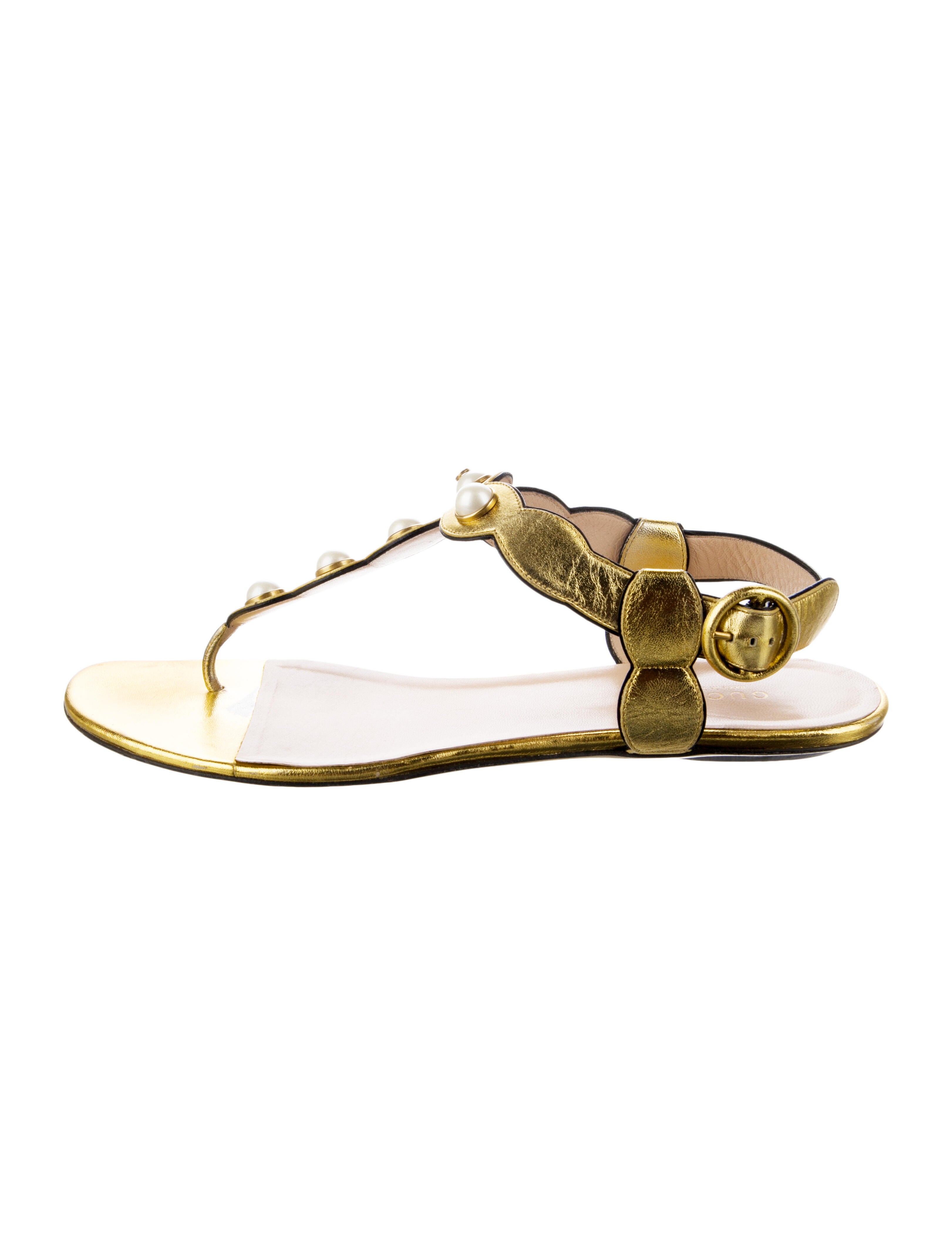 Gucci Faux Pearl Accents Leather T-Strap Sandals - Gold Sandals, Shoes ...