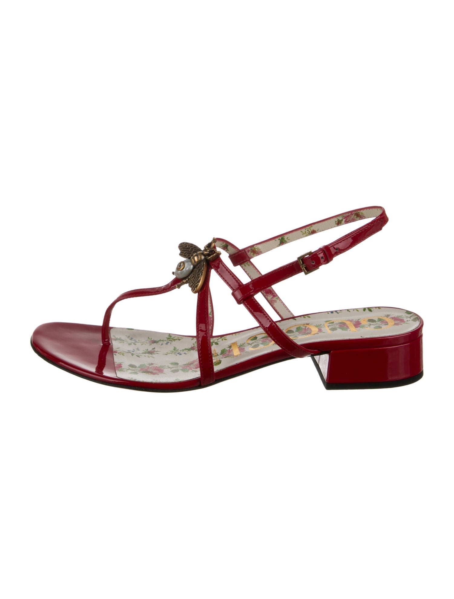 Gucci Patent Leather Floral Print T-Strap Sandals - Red Sandals, Shoes ...