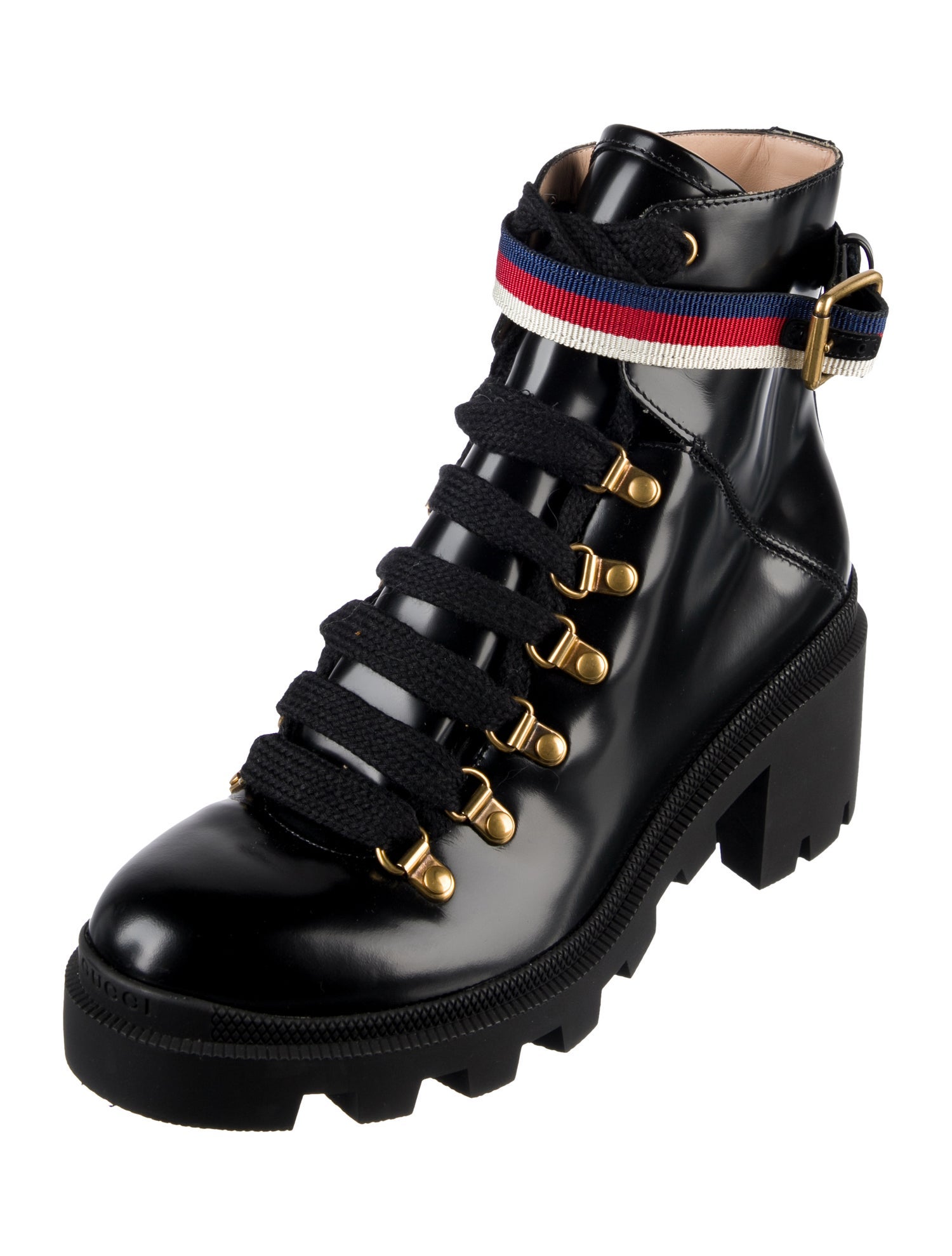 Gucci Sylvie Web Accent Leather Combat Boots - Black Boots, Shoes ...