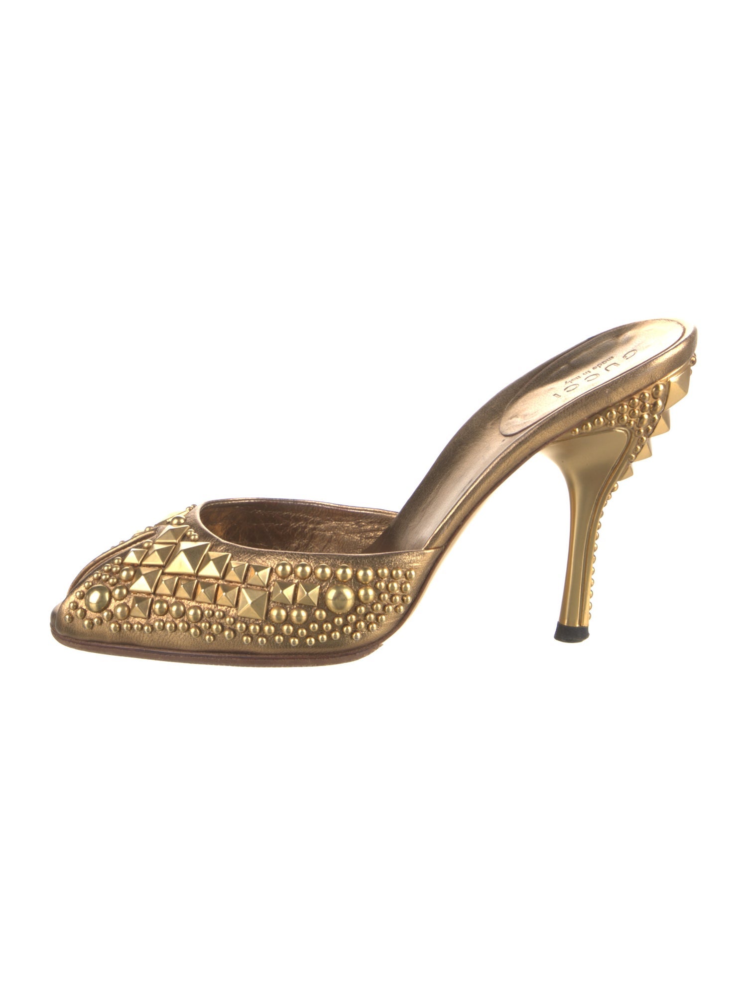 Gucci Leather Studded Accents Slides - Gold Sandals, Shoes - GUC1578281 ...