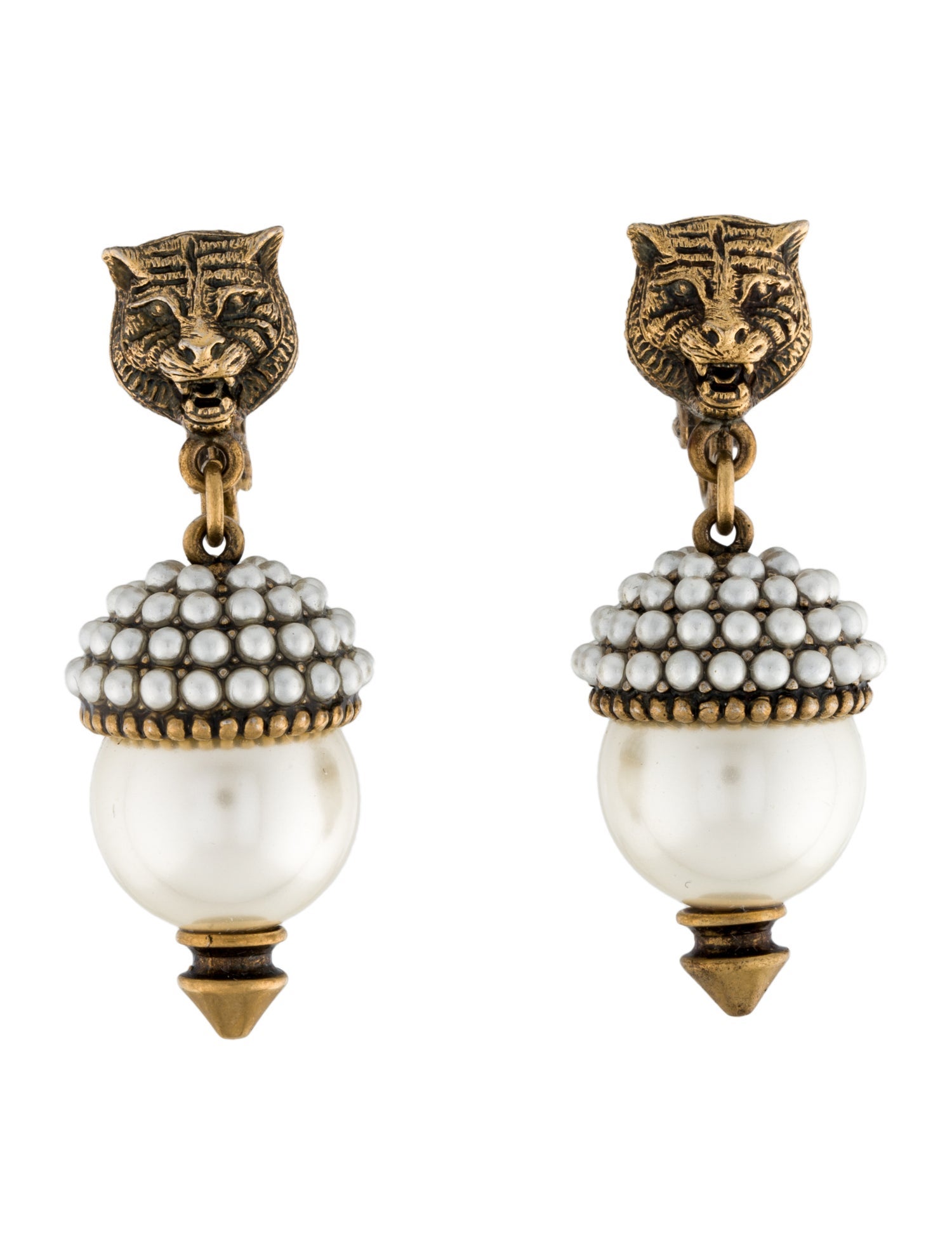 Gucci Faux Pearl Feline Heart Drop Earrings - Green, Gold-Tone Metal ...